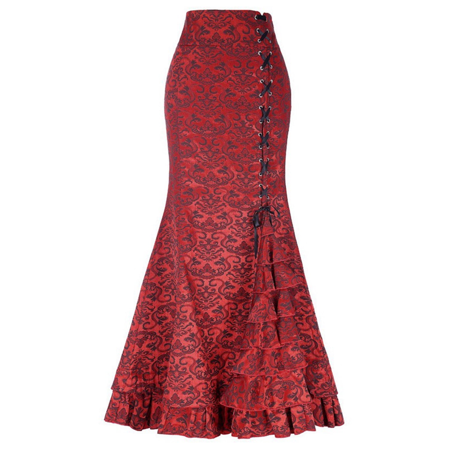 Jdlsppl Women's Maxi Victorian Skirt Vintage Retro Lace Up Ruffle ...