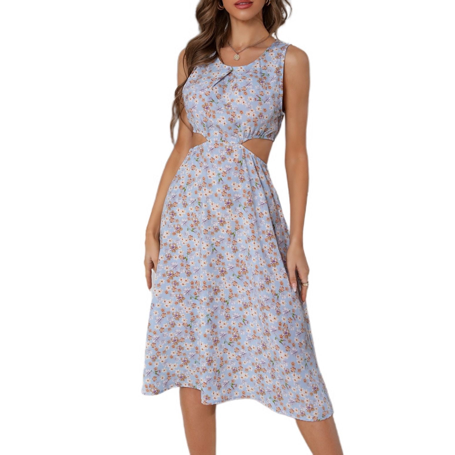 Jdlsppl Women's Midi Sleeveless Dresses Cut-out Party Sundress Floral ...