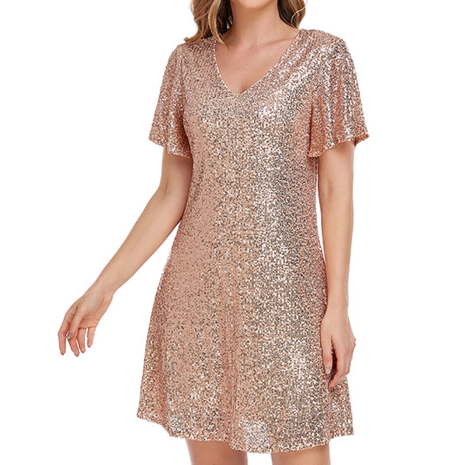 Jdlsppl Women's V Neck Skater Dress 50s Disco Sequin Flutter Short ...
