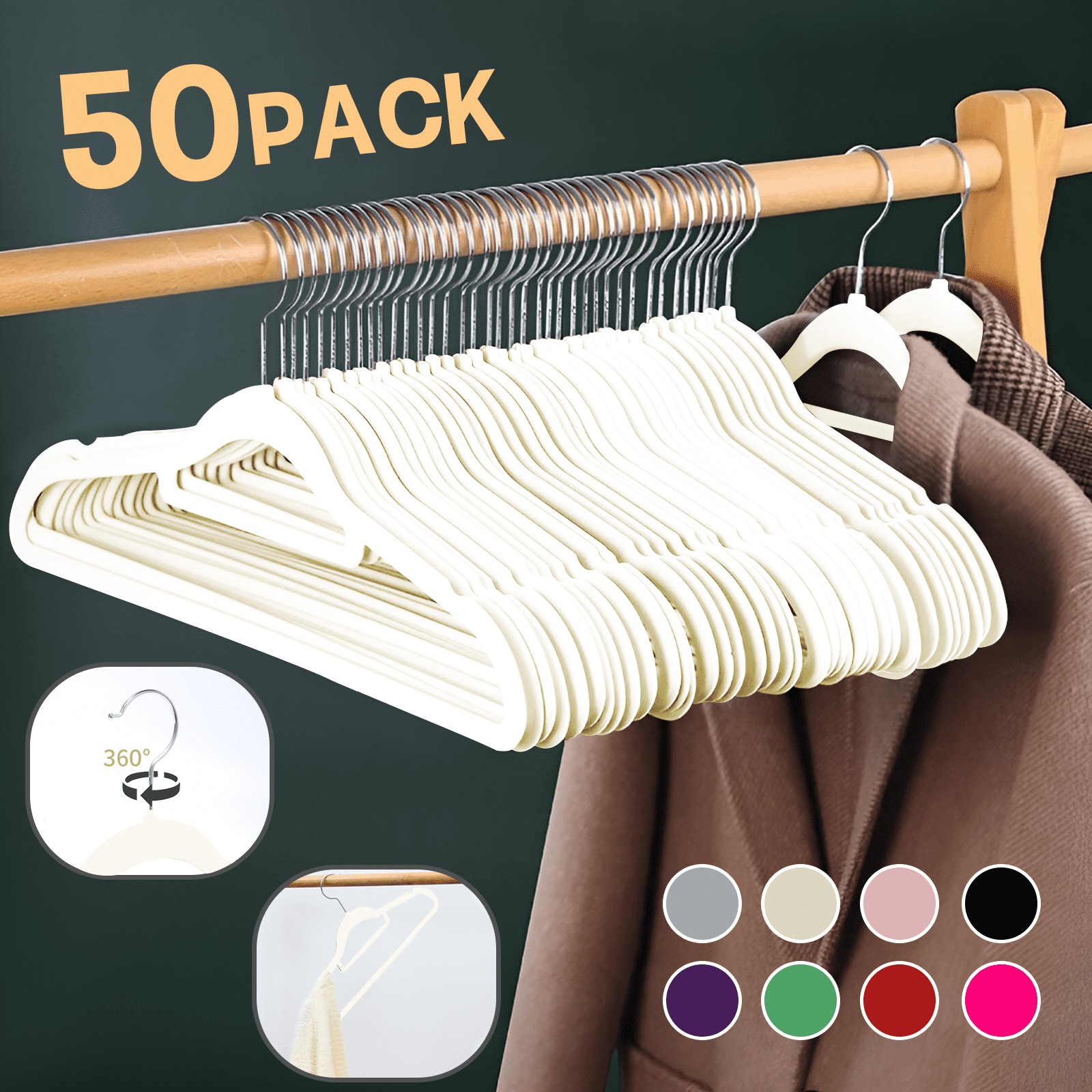 Jdonf 50-Pack Hangers with 360° Swivel Hook - Space-Saving Plush Hangers for Pants, Skirts ...