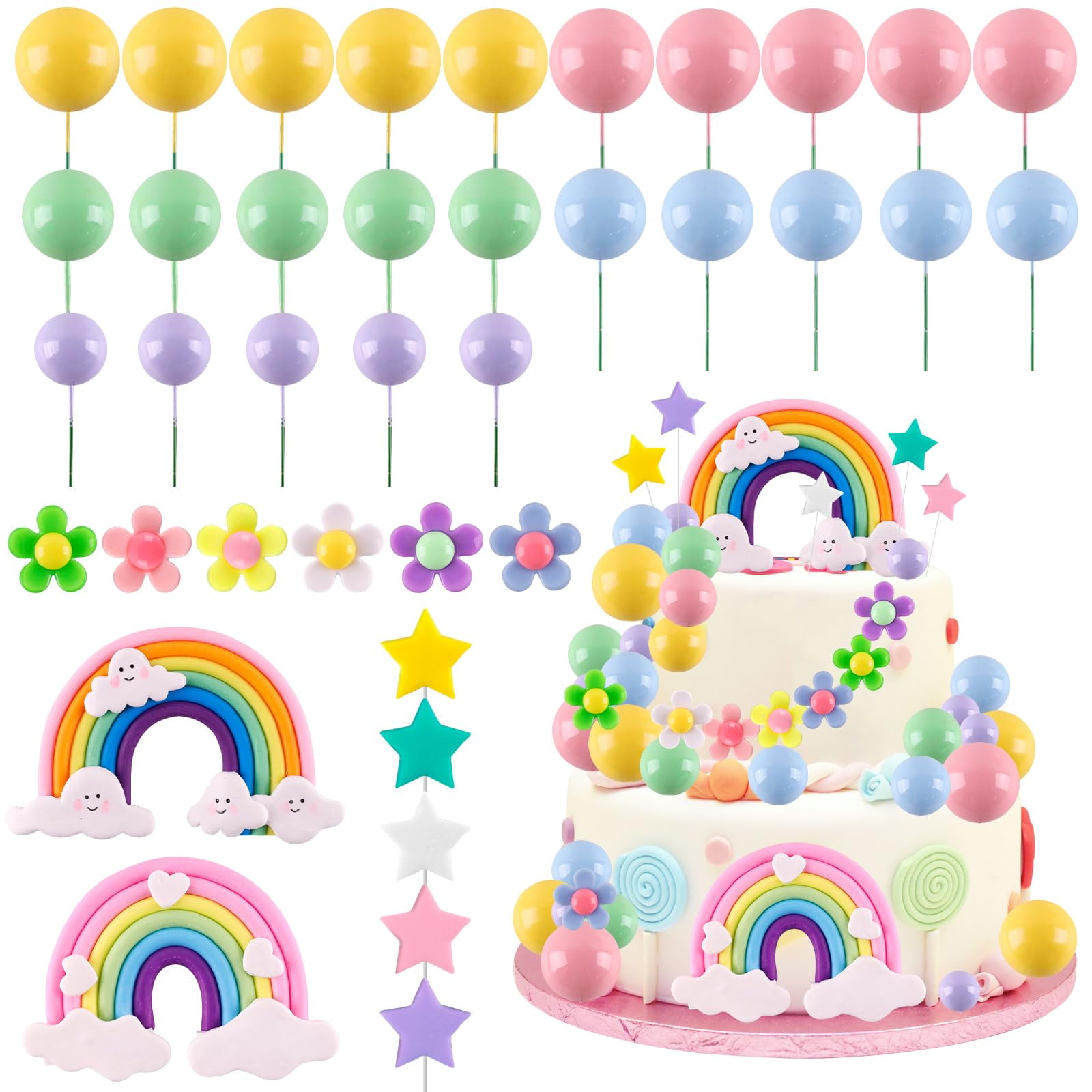 Morofme 38pcs Rainbow FEV6 Cake Topper Rainbow Themed Cake Decorations ...