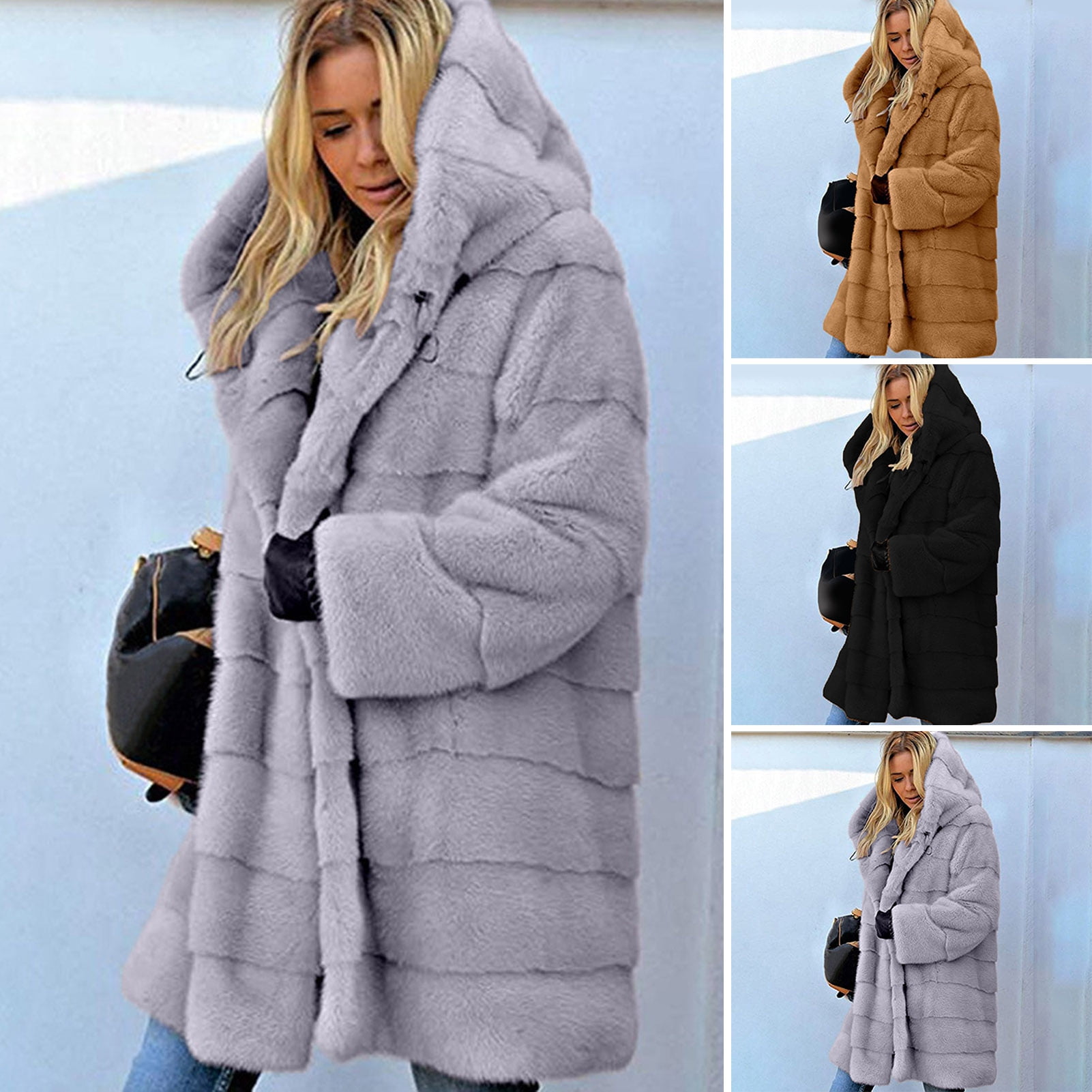 Jeachry Women Winter Jacket Plus Size Faux Fur Loose Hooded Outerwear ...