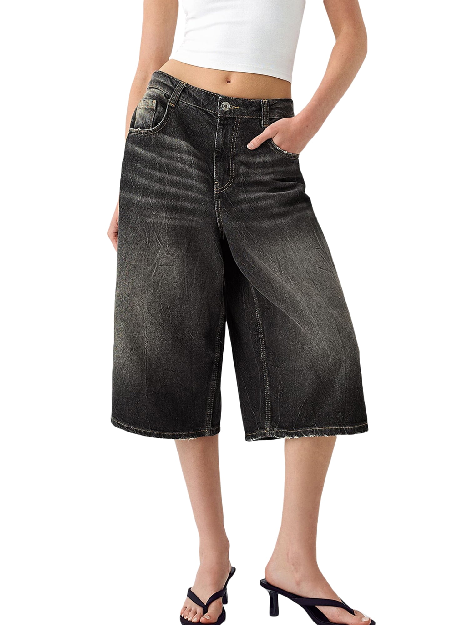 Jean Capris for Women Wide Leg Jeans High Waisted Seamed Front Raw Hem ...