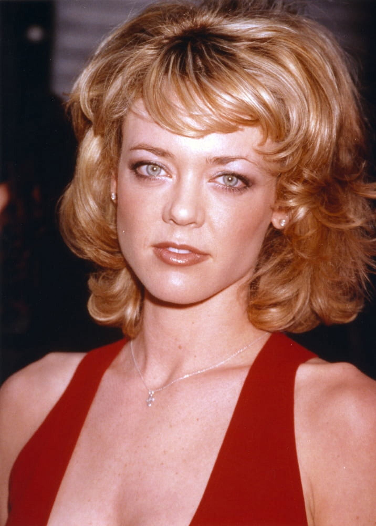 Jean Kelly Close Up Portrait in Red Deep V-Neck Linen Dress Photo Print ...