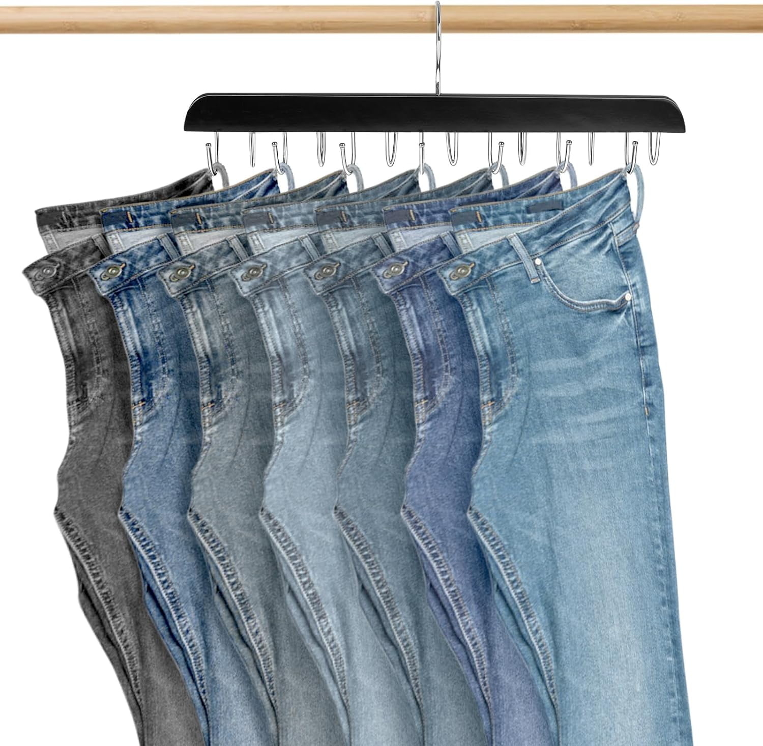 Jean Organizer for Closet, Jeans Hanger, 14 Hooks Wood Hanger for Jeans ...