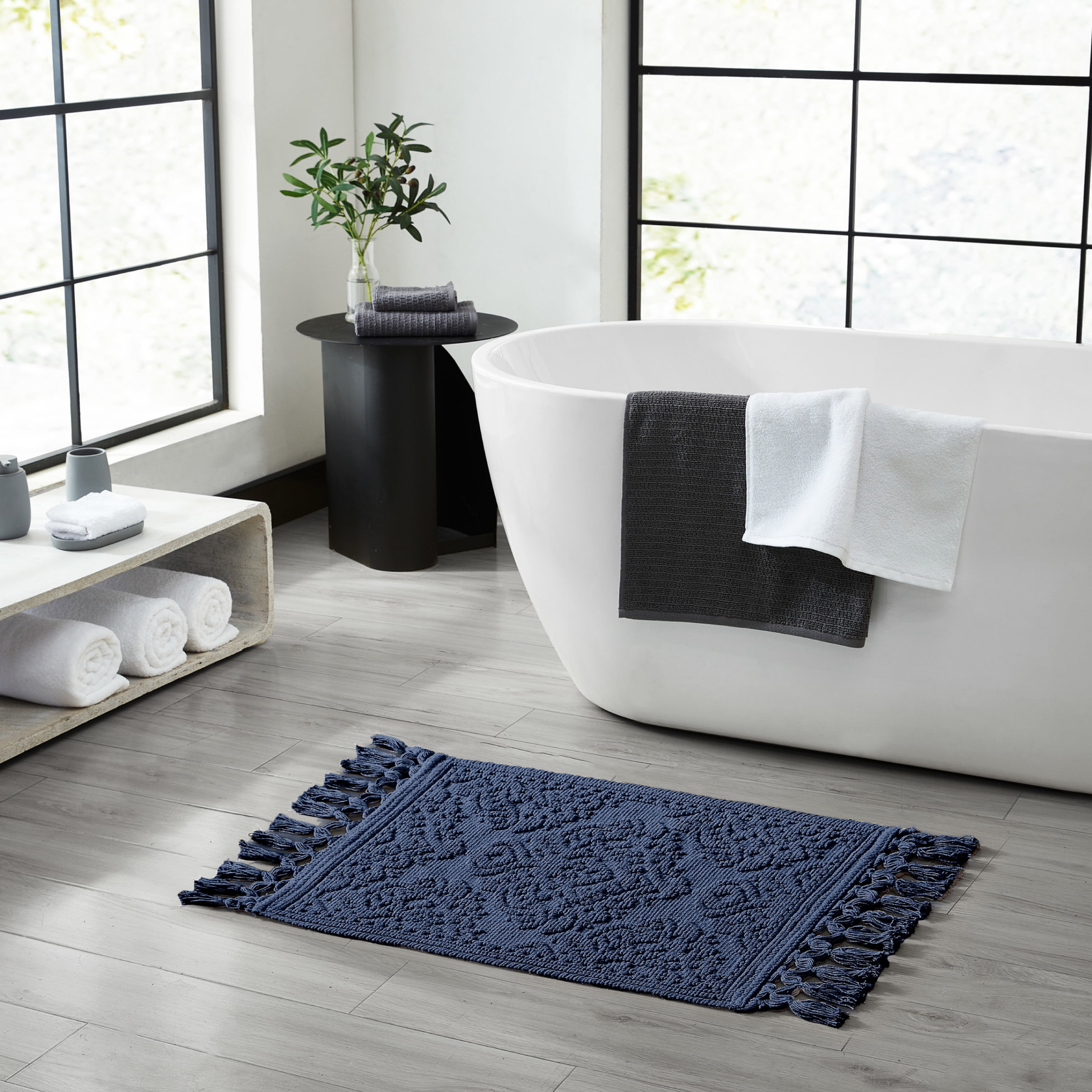 Jean Pierre Cotton Fringe Bath Rug 17x31 Indigo Geometric Bohemian ...