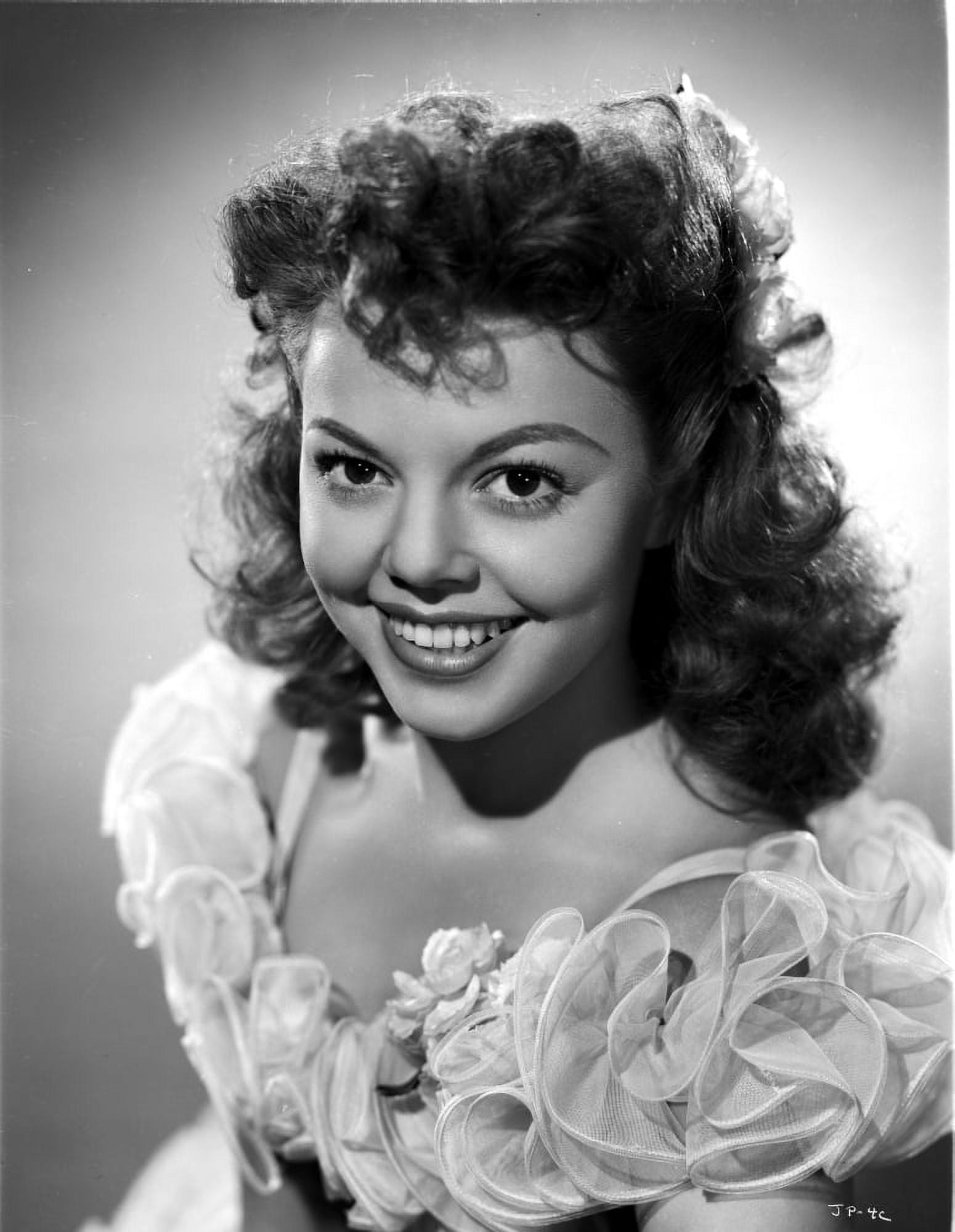 Jean Porter Portrait in White Frilled Sheer Lace Top Shoulder Dress ...