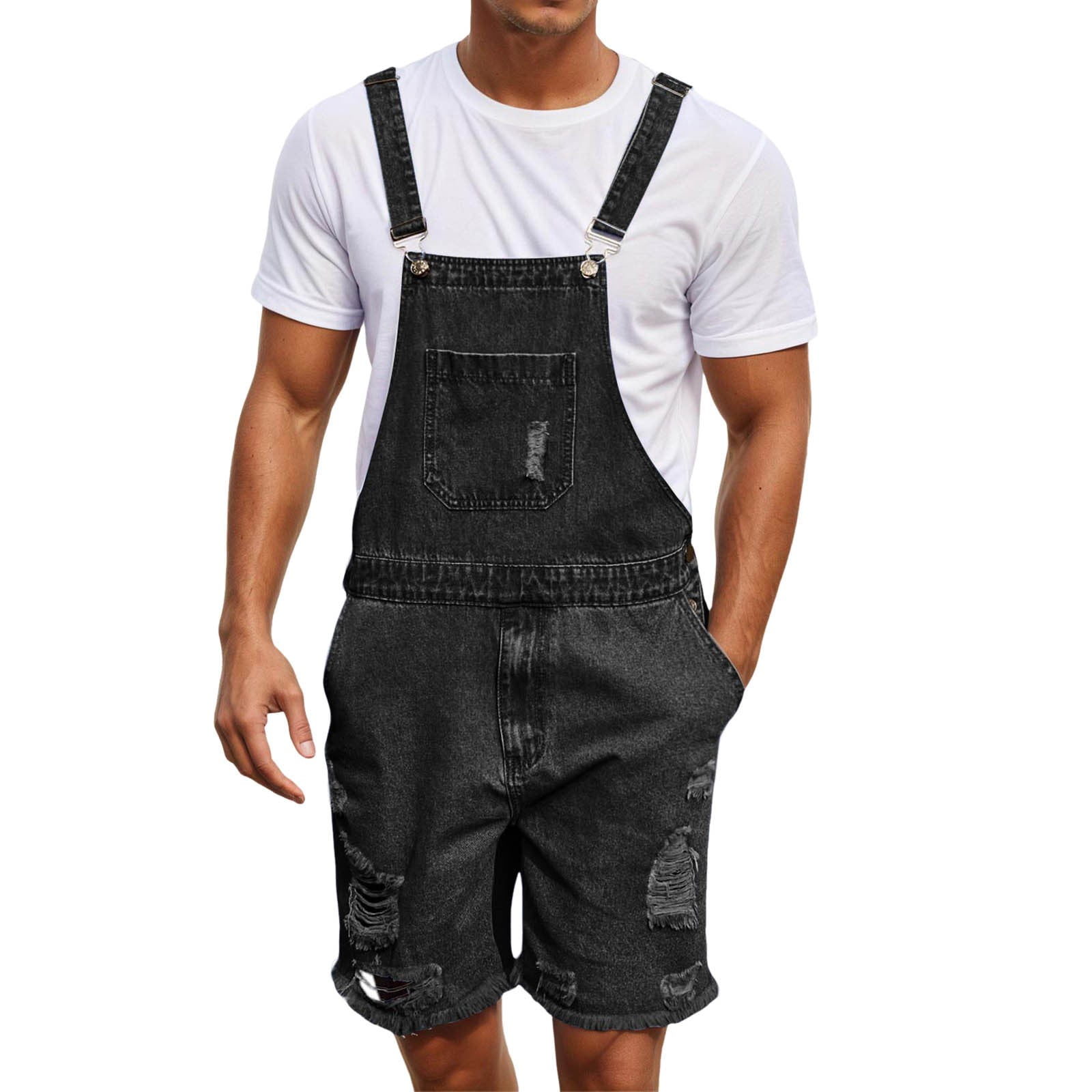 Jean Romper for Men Ripped Casual Stretch Bib Overall Jean Romper with ...