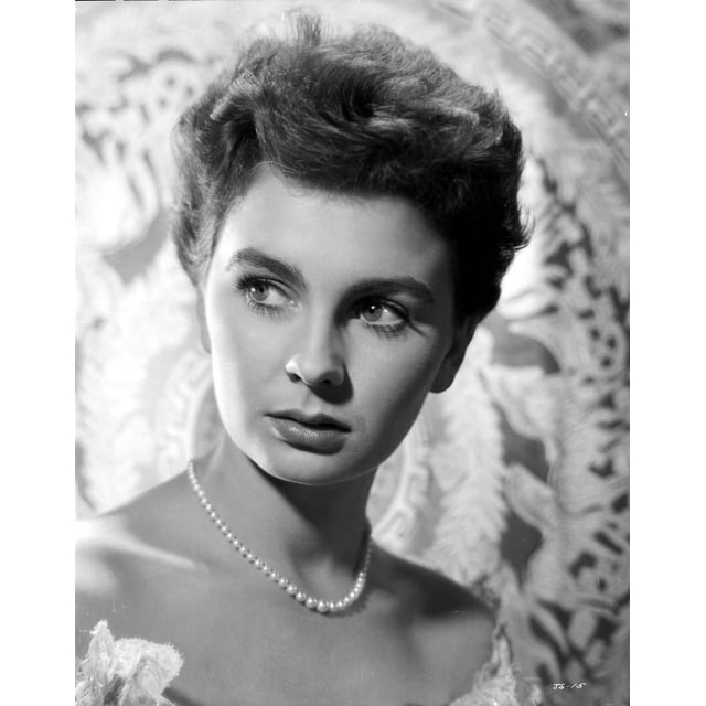 Jean Simmons Portrait in White Ruffled Shoulder Dress and Pearl ...