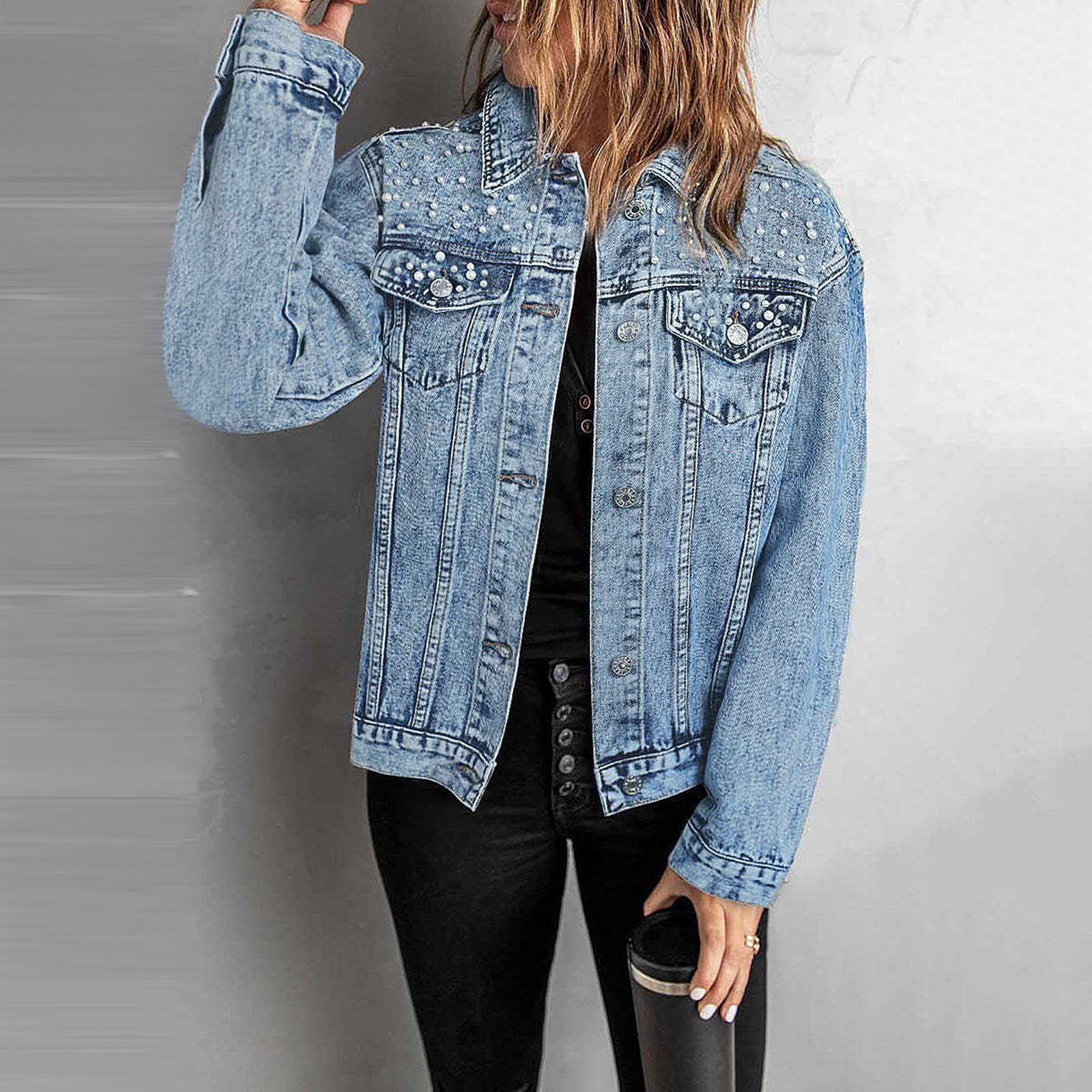 Jeans Jacket For Women Clearance Casual Elegant Classic Denim Jacket ...
