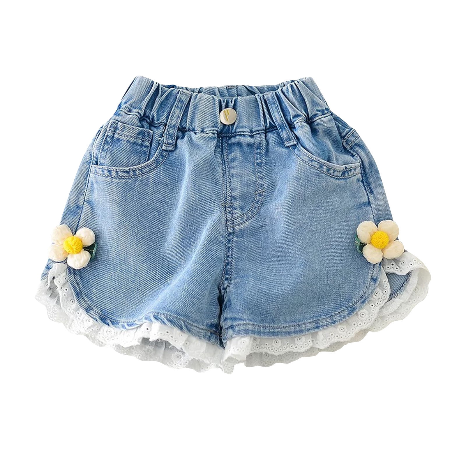Jeans Shorts for Girls Size 7 to 8 Floral Elastic Waist Lace Trim Denim ...