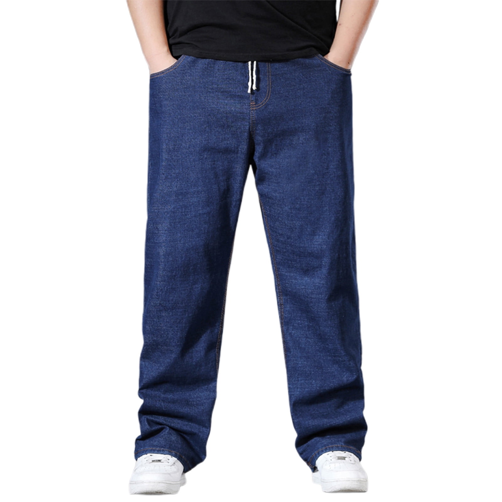 Jeans for Men Plus Size Casual Loose Fit Elastic Waist Drawstring Denim ...