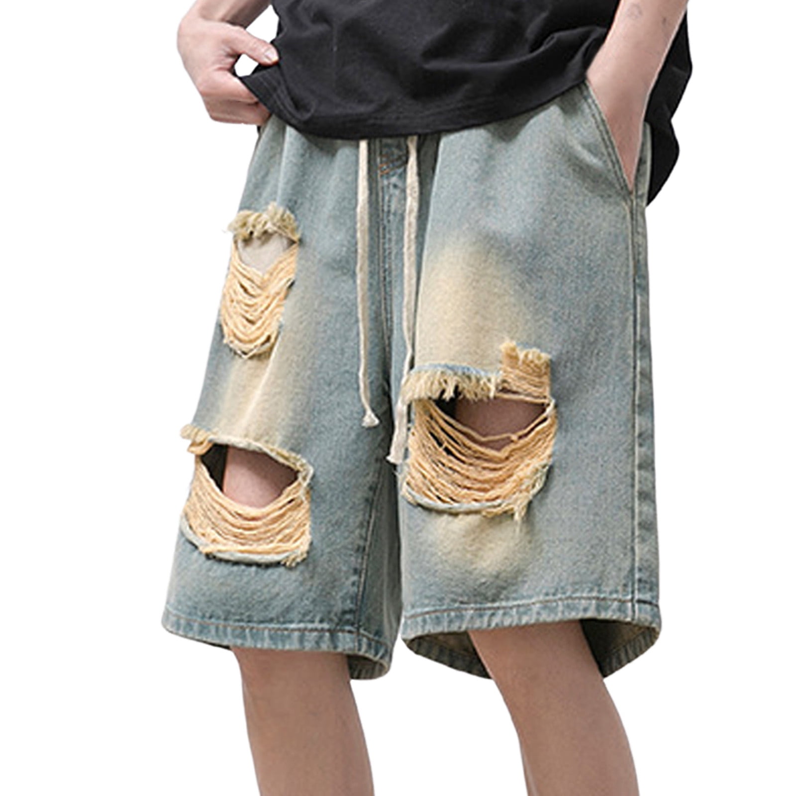 Jeans for Men Summer Casual Thin Ripped Elastic Waist Drawstring ...