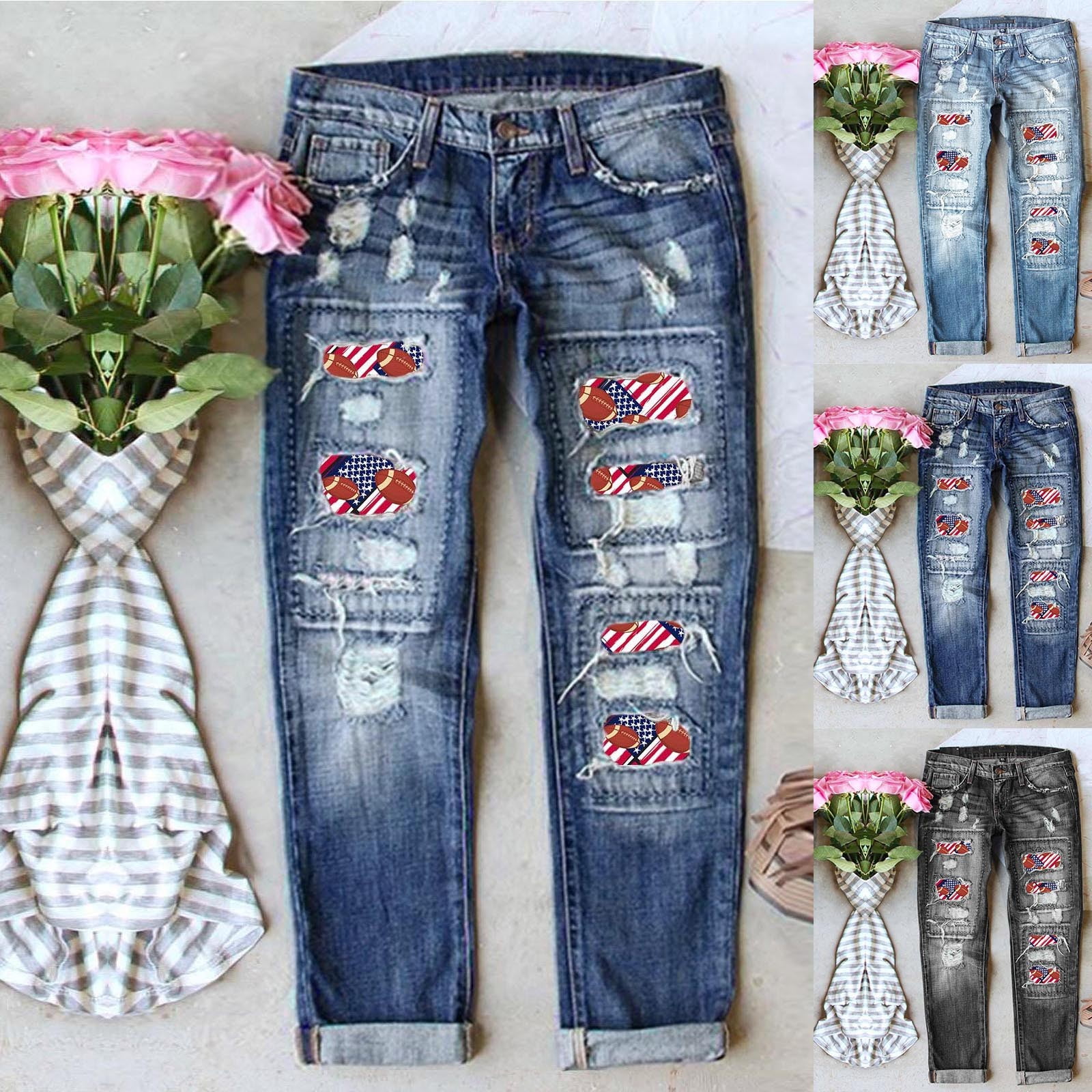 Jeans for Women Trendy Distressed Football Print Patch Straight Denim ...
