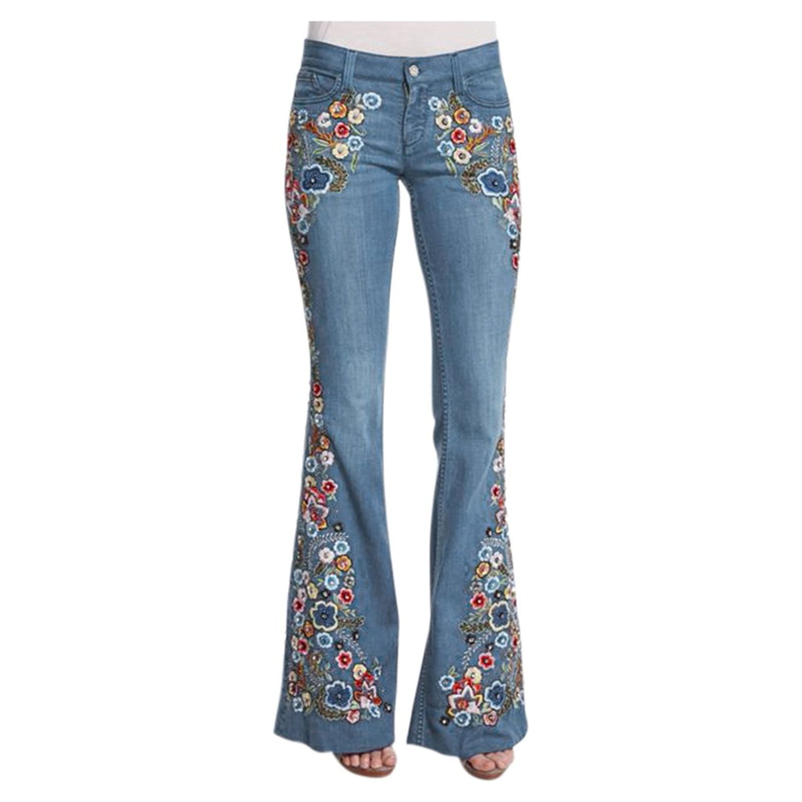 Jeans for Women Trendy Floral Embroidered Skinny Jeans Bell Bottom Jean ...