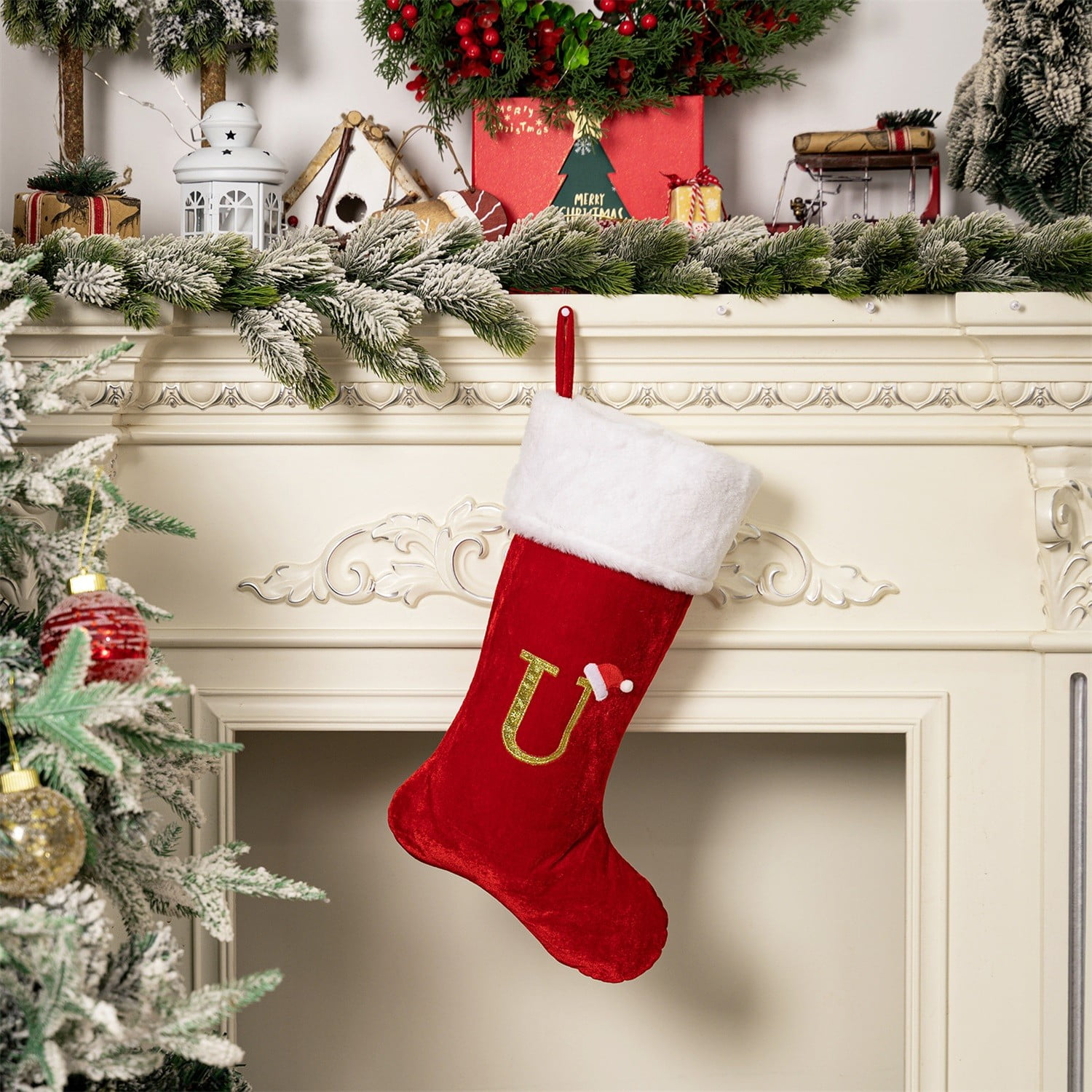 JeashCHAT 18inch Monogram Christmas Stockings with Letters, Red Velvet ...