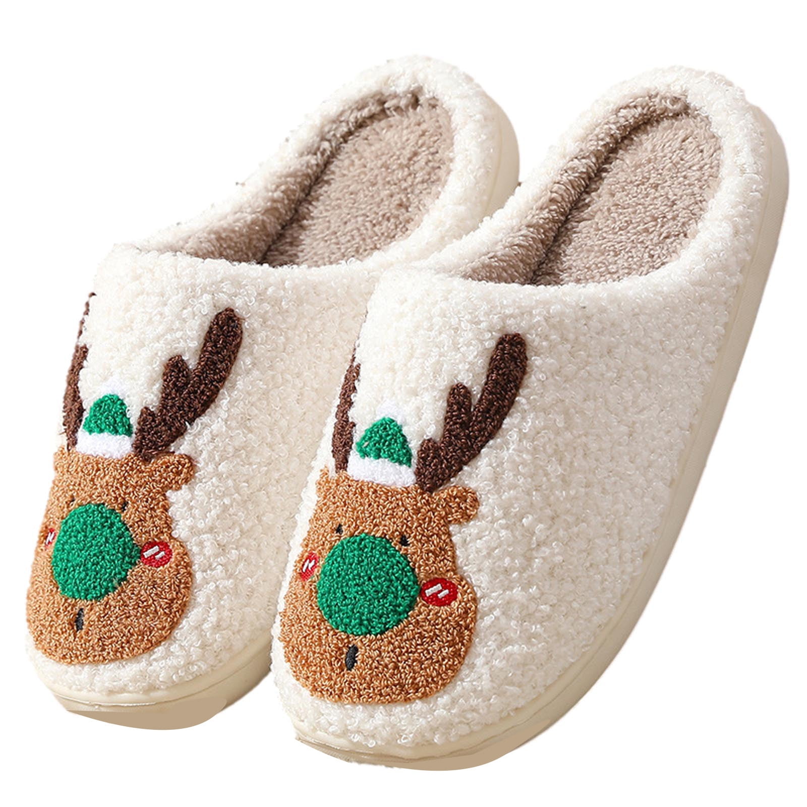JeashCHAT Christmas Reindeer Slippers Soft Plush Comfy House Slippers ...
