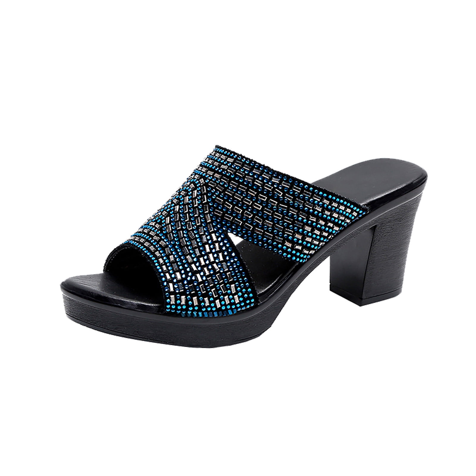 JeashCHAT Women's Heeled Sandals Rhinestone Backless Open Toe Slip On ...