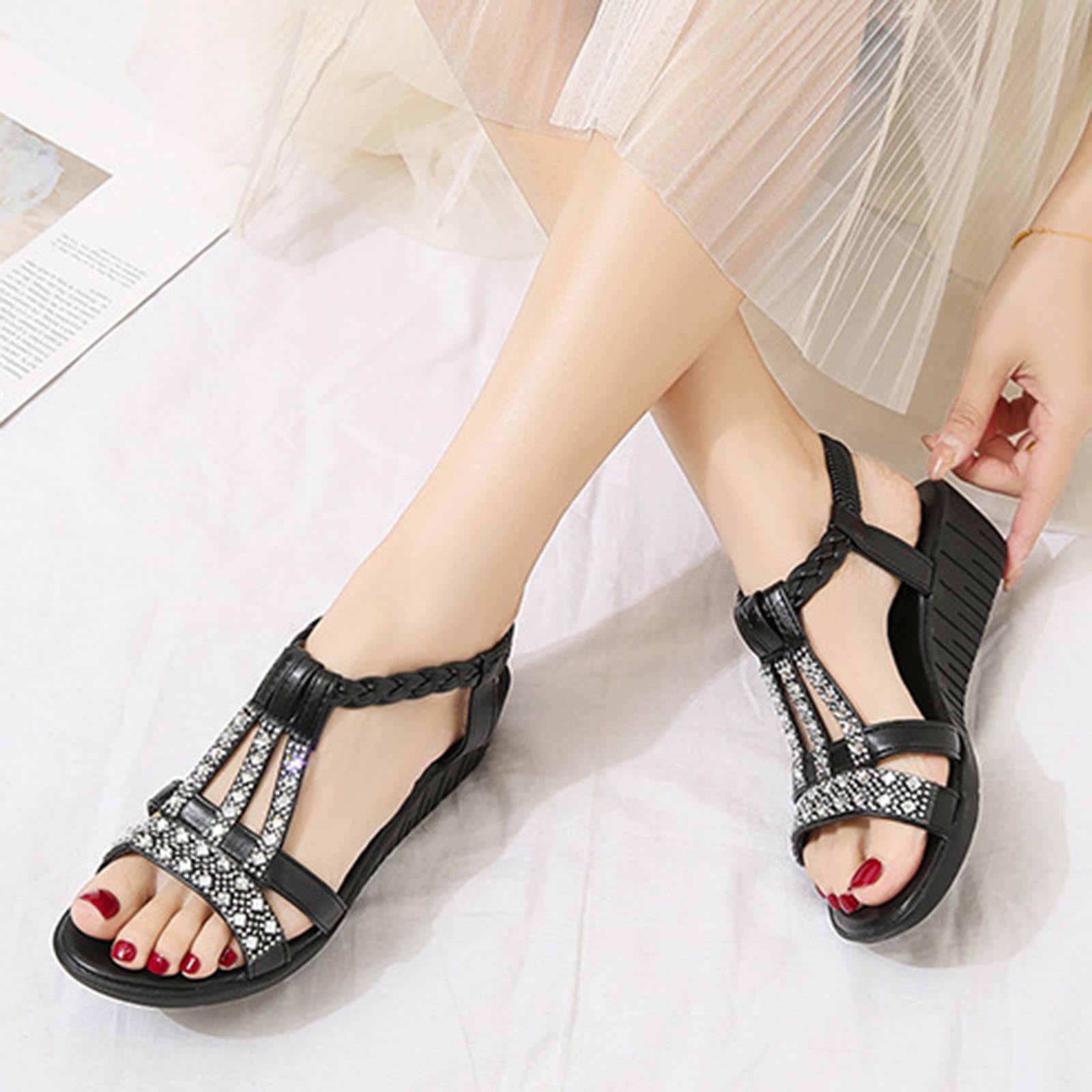 JeashCHAT Clearance Women's Low Wedge Sandals Bohemian Rhinestone Open Toe Elastic Ankle Strap ...