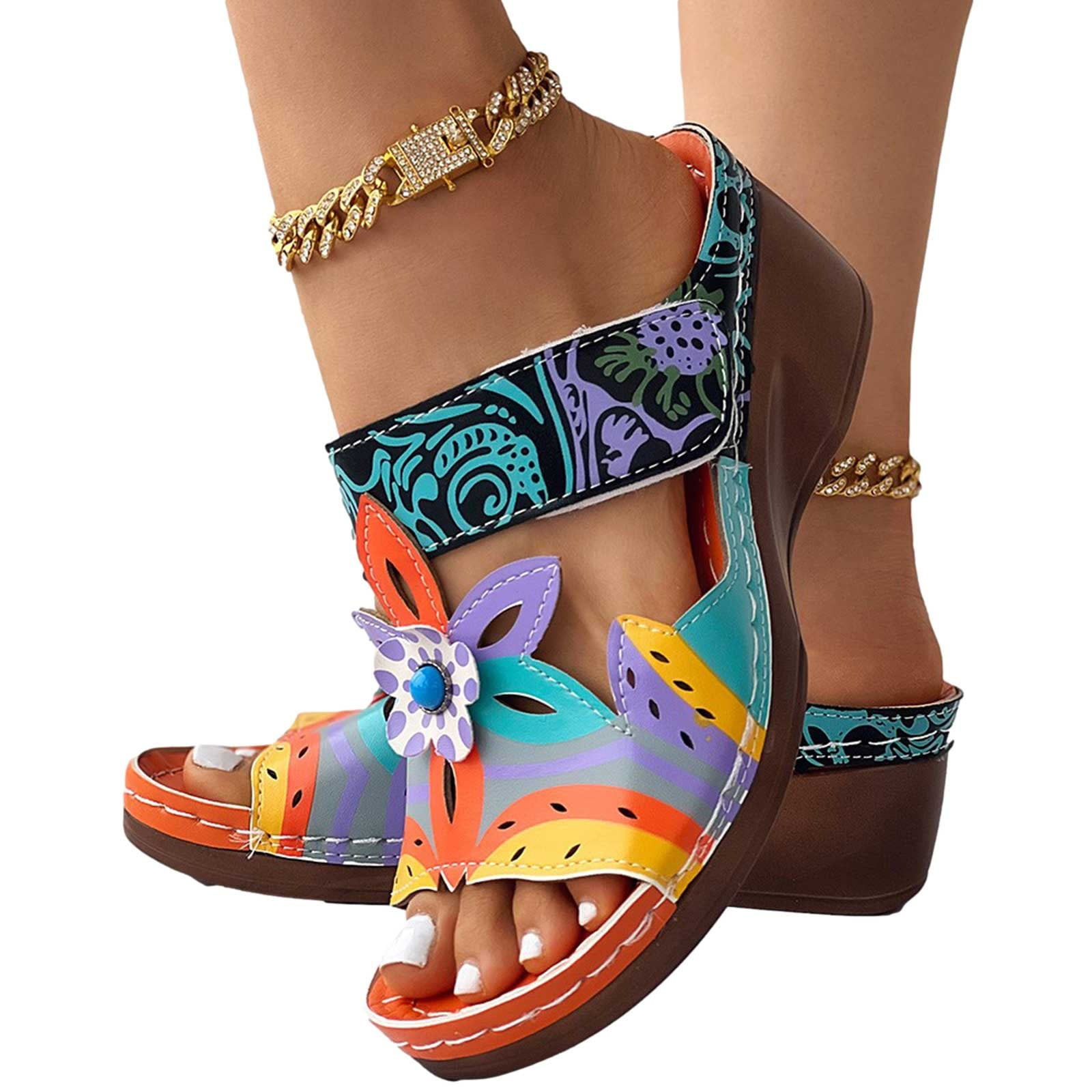 JeashCHAT Flower Wedge Sandals for Women Hollow Out Slip On Platform ...