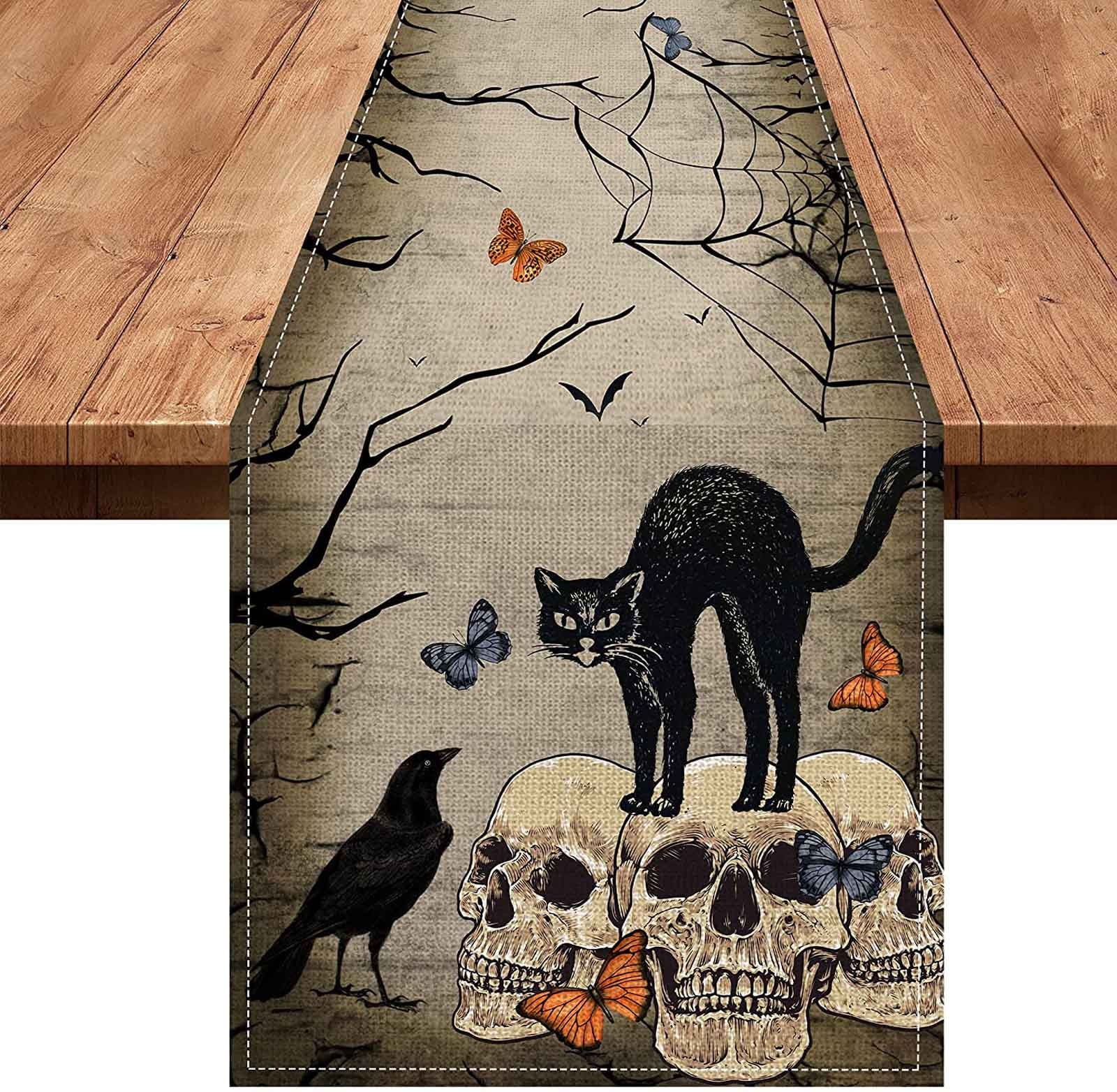 JeashCHAT Halloween Table Runner Decorations Black Cat Skull Spider Web ...