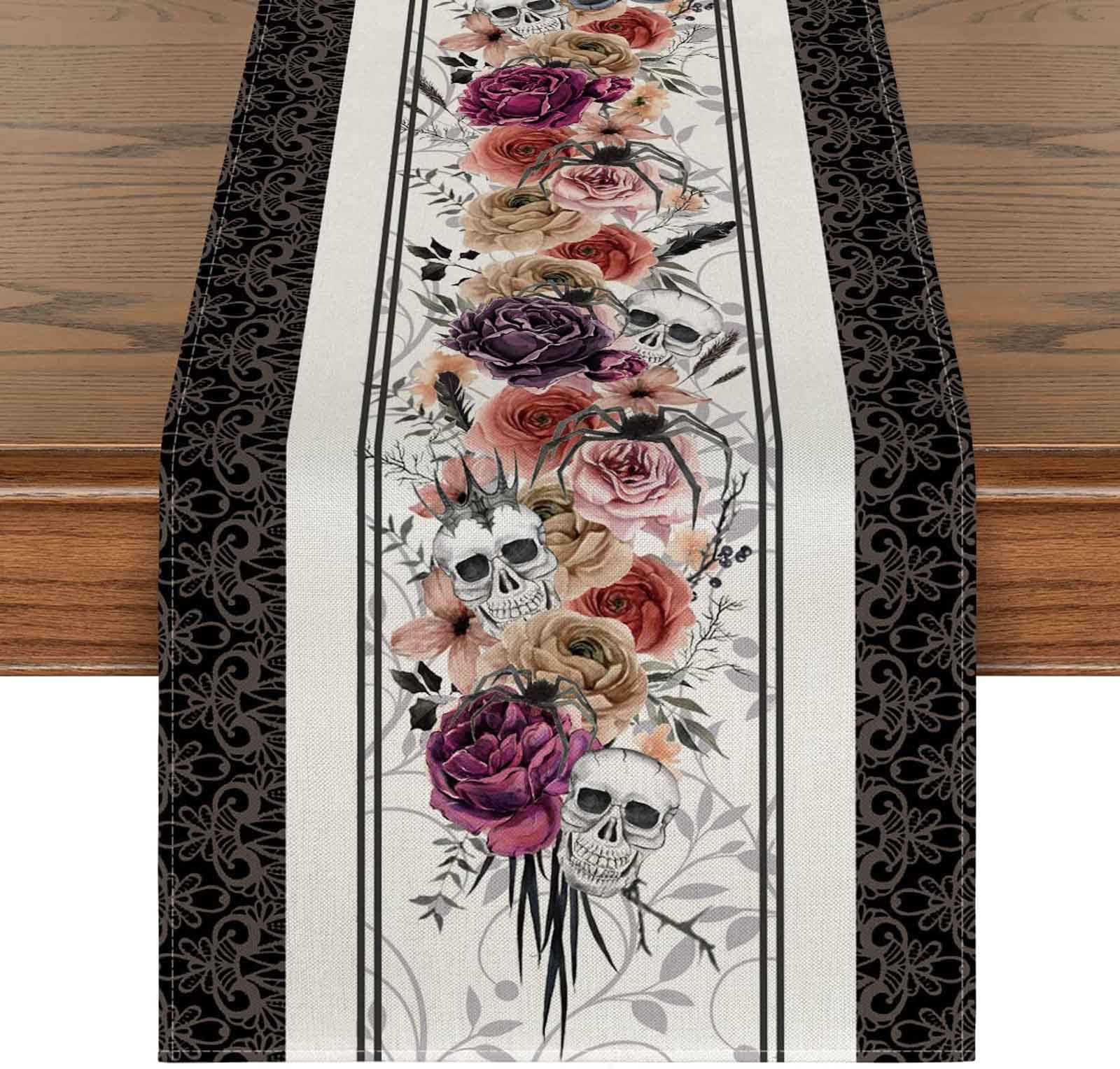 JeashCHAT Halloween Table Runner Rose Floral Skull Pattern Halloween ...