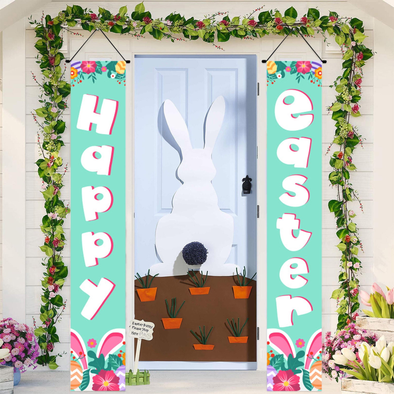 JeashCHAT Happy Easter Bunny Porch Sign Easter Decorations Hanging Sign ...