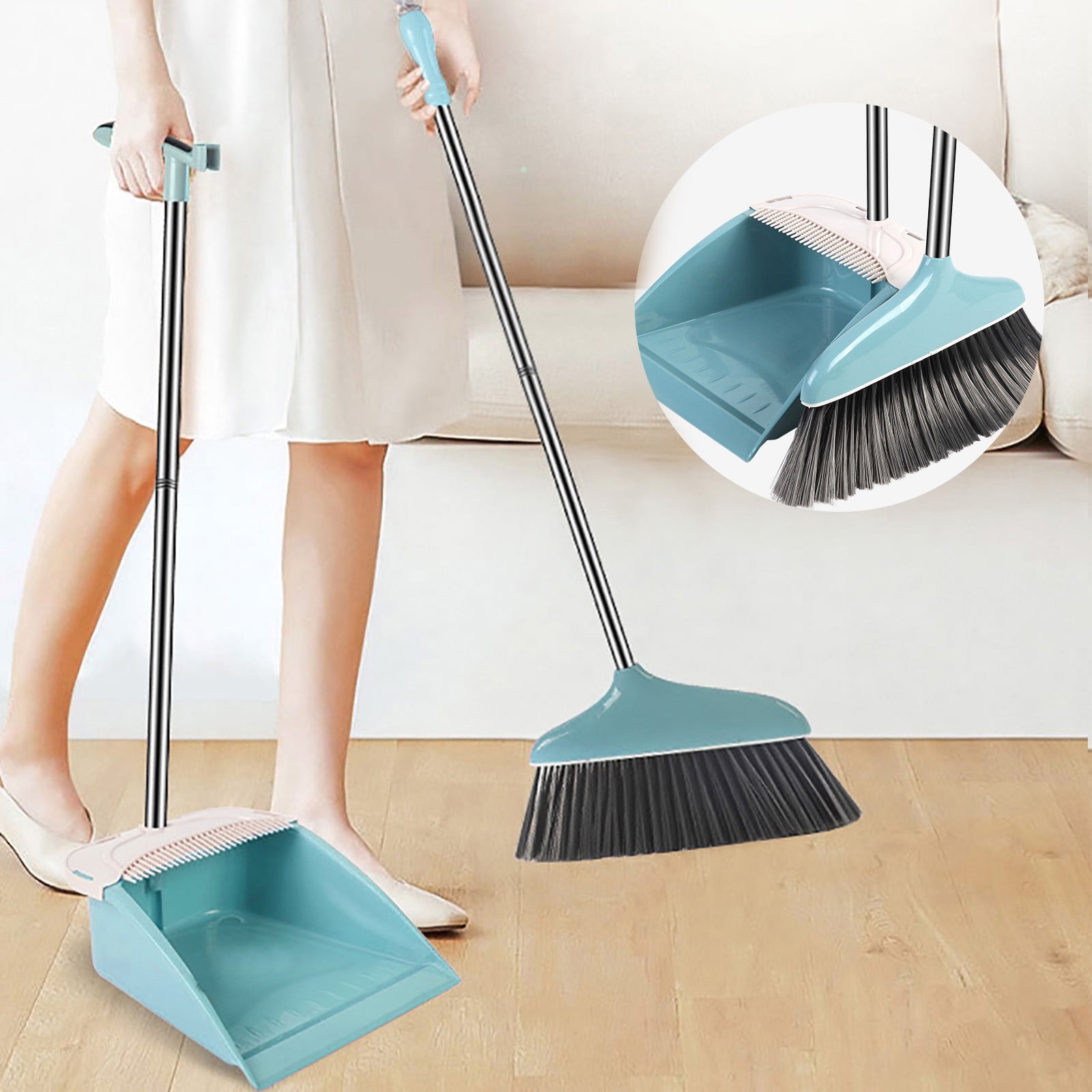 JeashCHAT Long Handle Broom and Dustpan Set for Floor Cleaning, Stand Up Broom and Comb Teeth ...