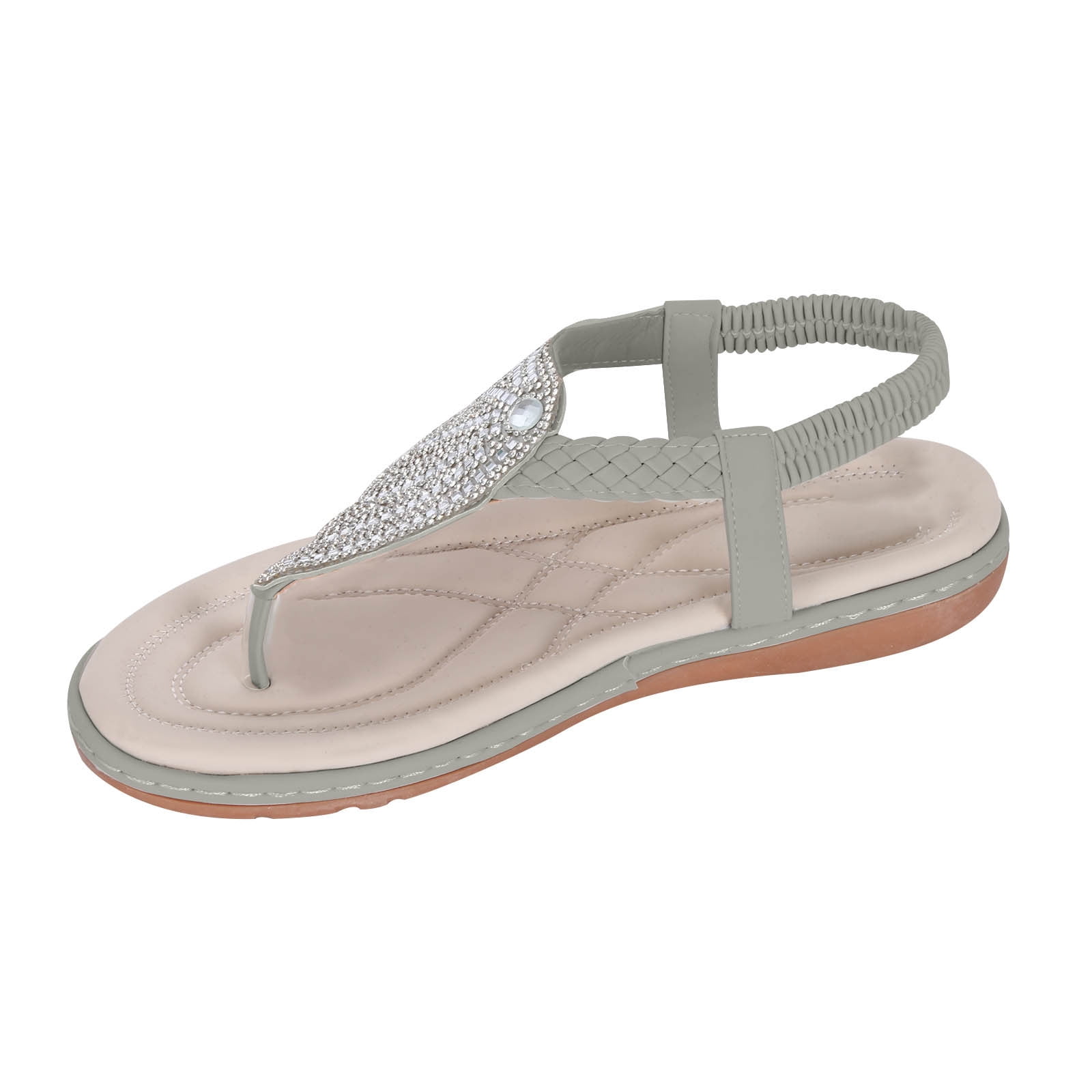 JeashCHAT Sandals Women Rhinestone T-Strap Elastic Ankle Strap Slip On ...