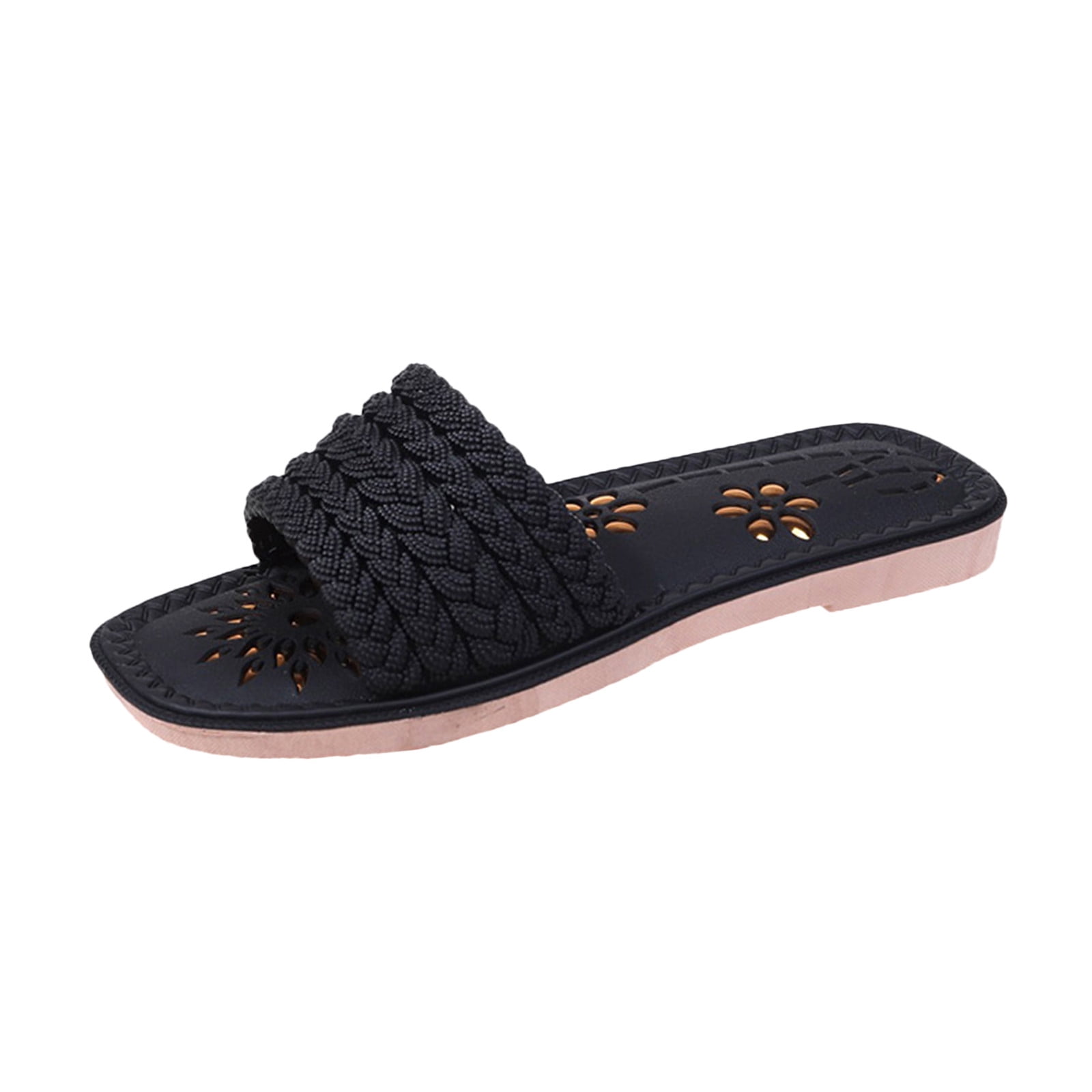JeashCHAT Slip On Slide Sandals for Women Square Open Toe Woven Flat ...
