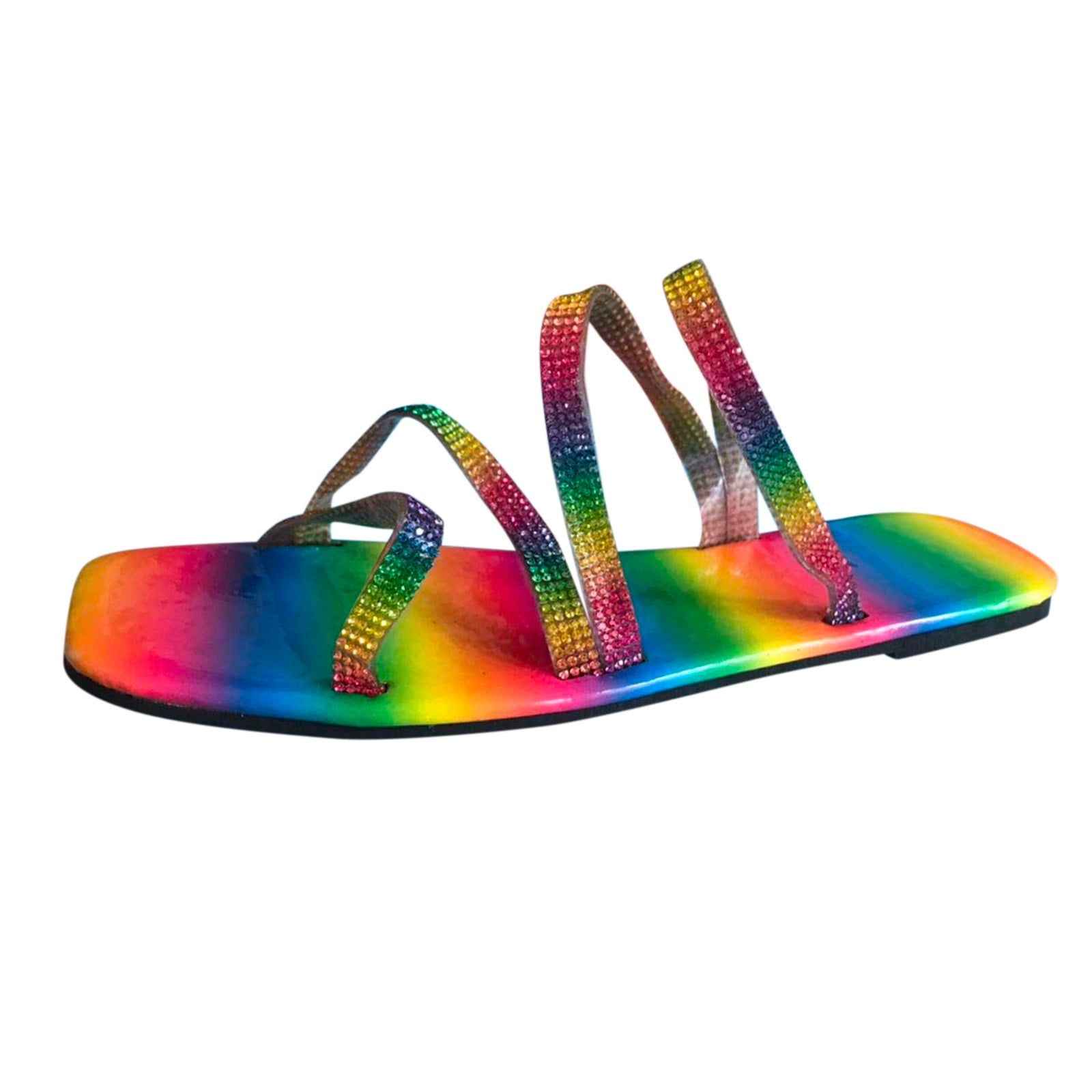 JeashCHAT Women's Colorful Rhinestone Flat Sandals Slip On Square Toe ...