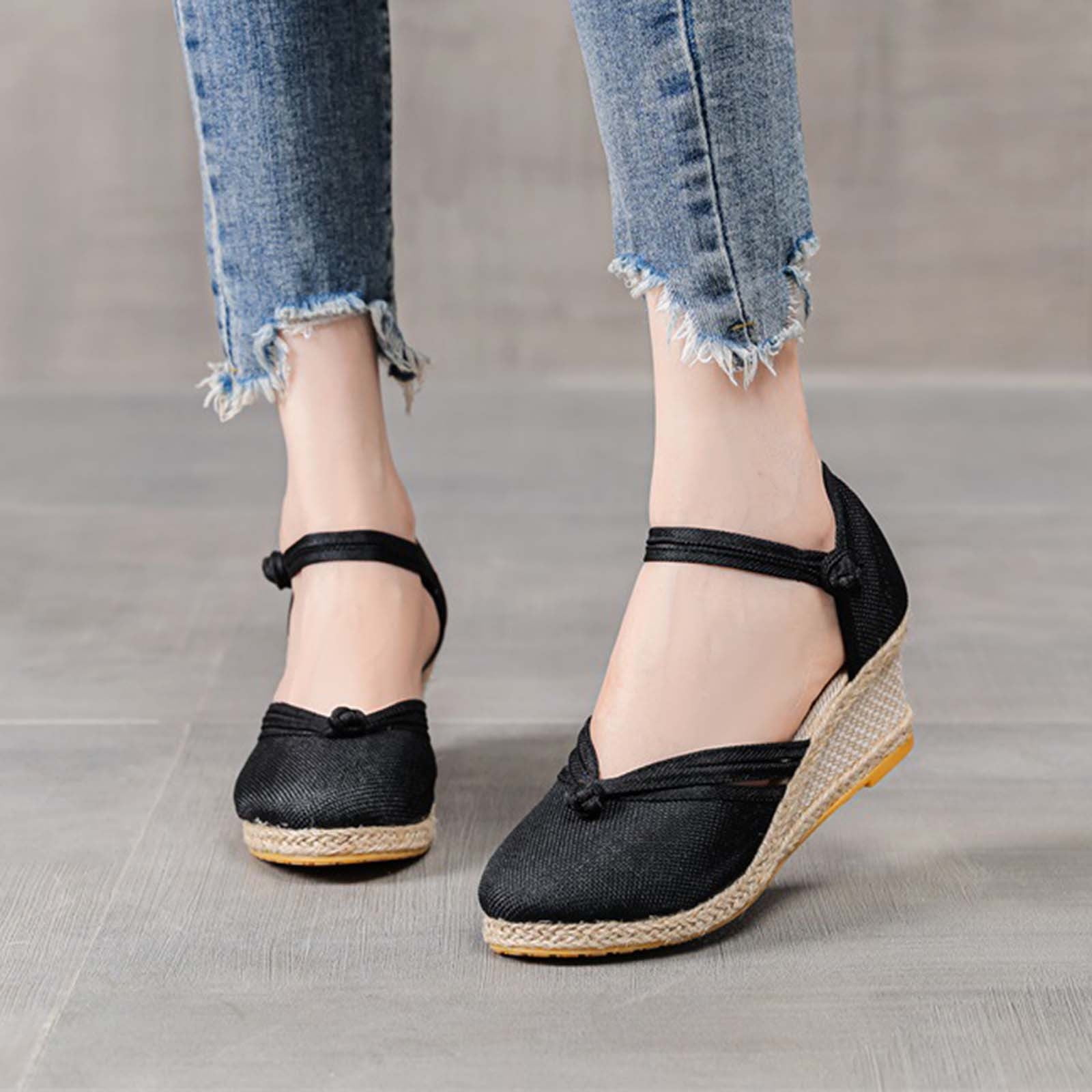 JeashCHAT Women's Espadrilles Closed Toe Ankle Strap Dressy Platform ...