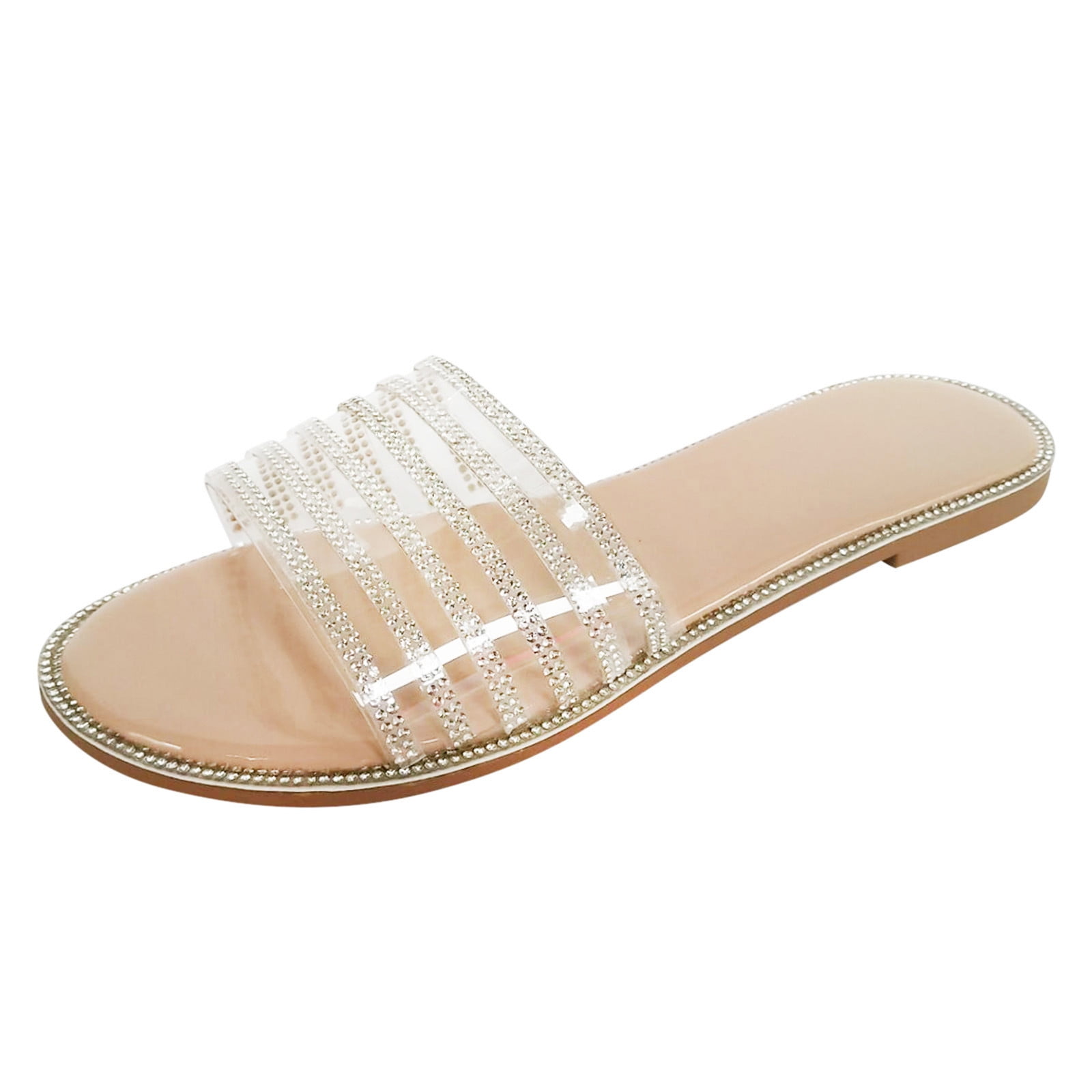 JeashCHAT Women's Flat Sandals Rhinestone Slides Slip On Open Toe Slide ...