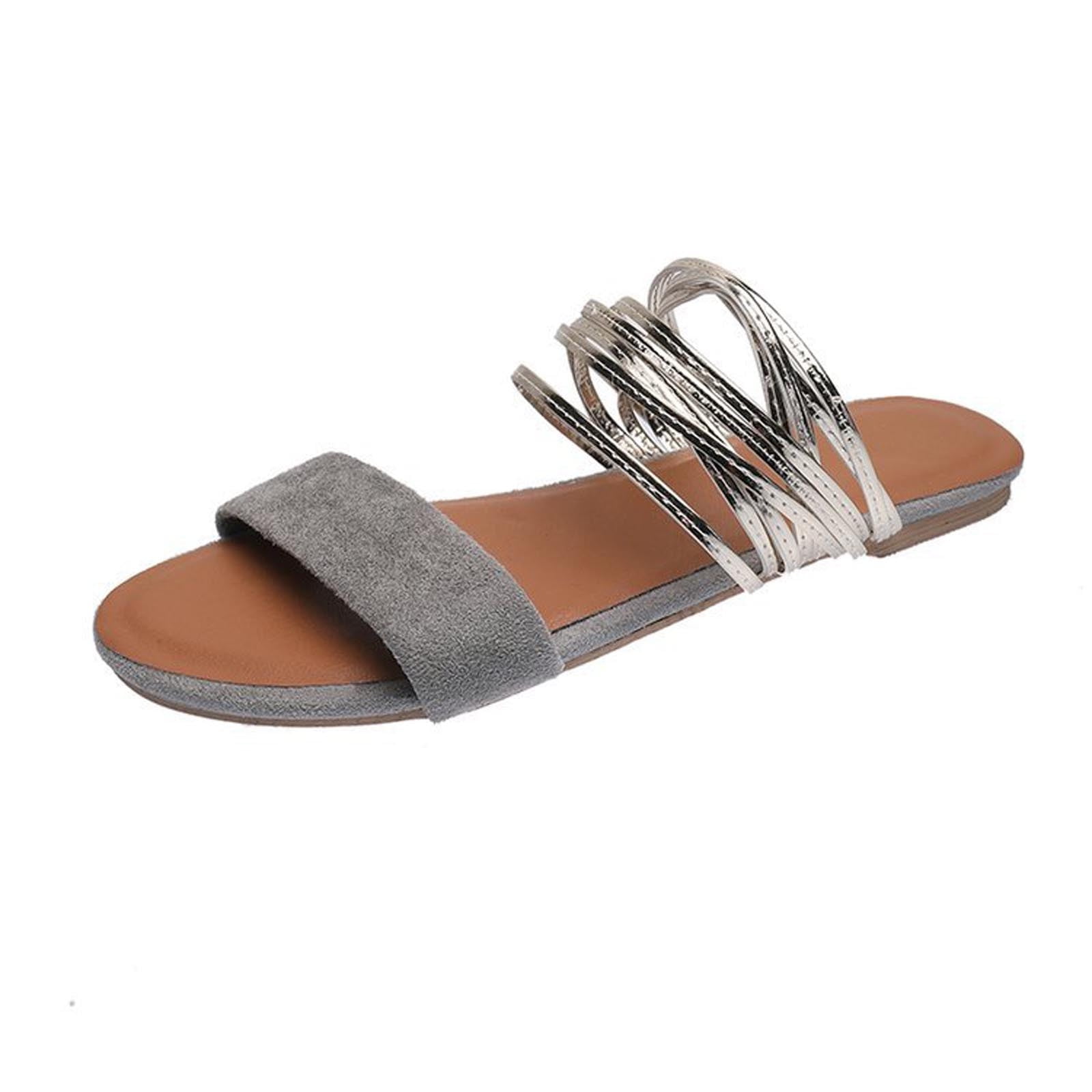 JeashCHAT Women's Flat Sandals Strappy Slippers Slip On Open Toe Slide ...