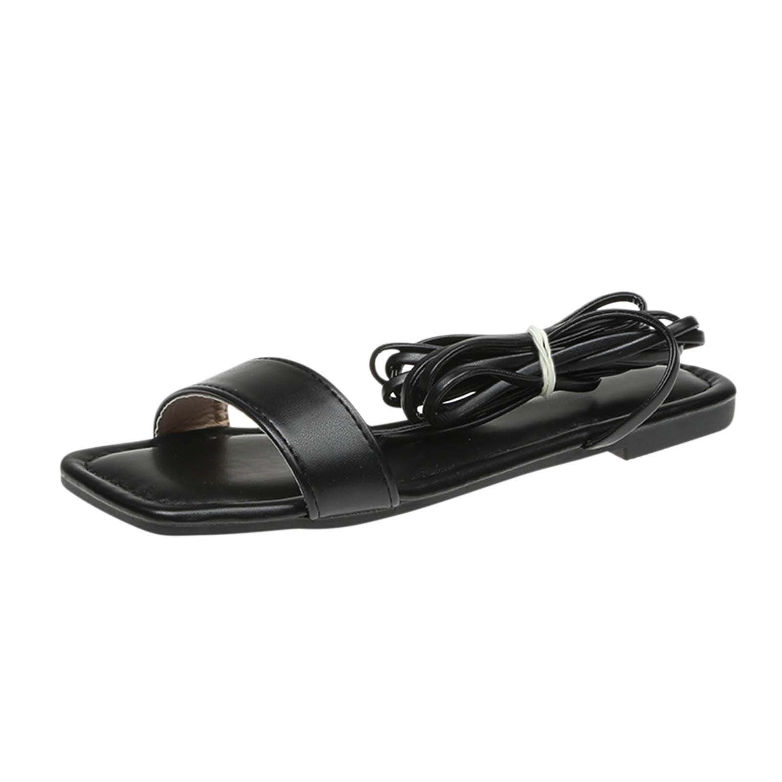 JeashCHAT Women's Flat Strappy Lace-Up Sandal Open Toe Square Toe ...