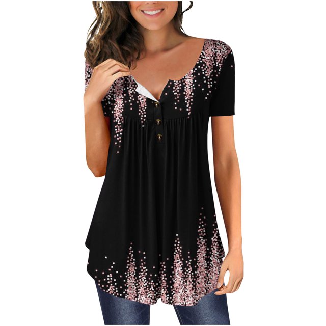 Jeashchat Womens Floral Printed Short Sleeve V Neck T Shirt Pleated