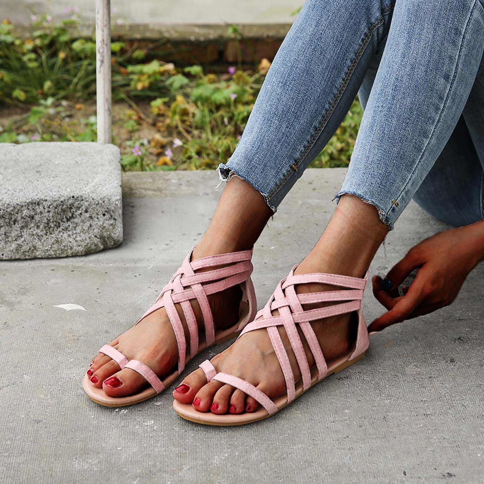 JeashCHAT Women's Gladiator Strap Sandals Flat Fisherman Thong Cross ...