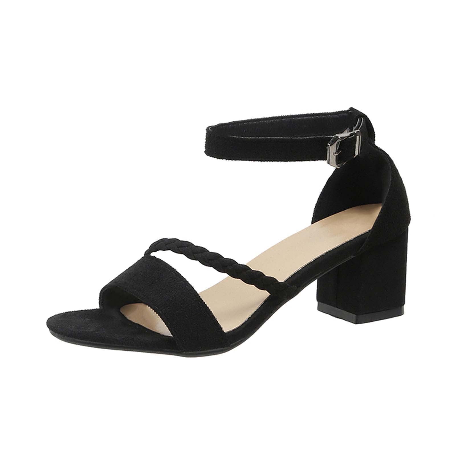 JeashCHAT Women's Heeled Sandals Chunk Low Heel Sandals Open Toe Ankle Strap Low Block Chunky ...