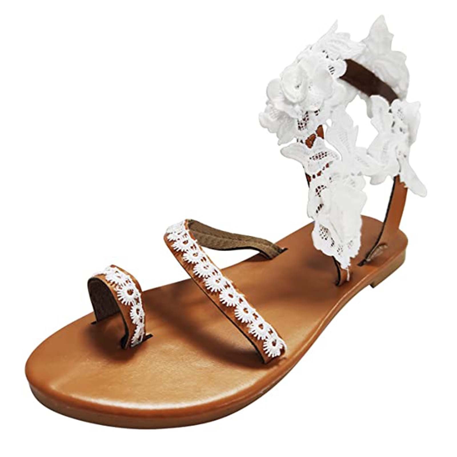 JeashCHAT Women's Lace Floral Flat Sandals Clip Toe Ring Slip On ...