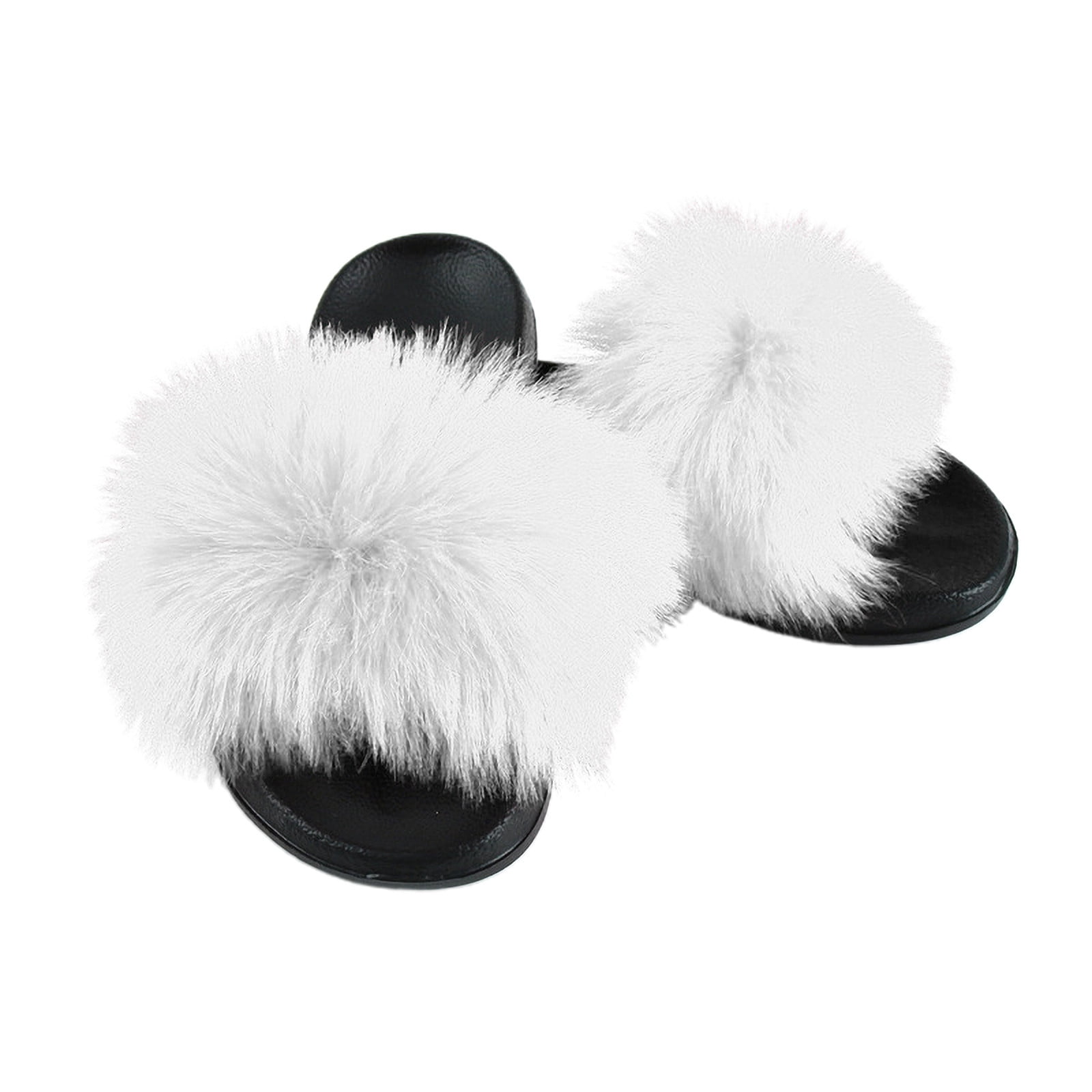 JeashCHAT Women's Slippers Slides Fuzzy Open Toe Slides Slippers Fluffy ...