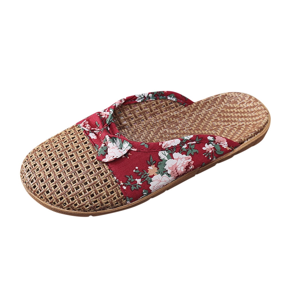 JeashCHAT Womens Rattan Woven Slippers Closed Toe Bow Straw House ...