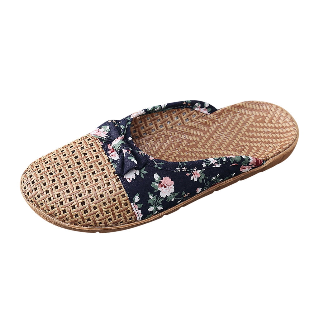 JeashCHAT Womens Rattan Woven Slippers Closed Toe Bow Straw House ...