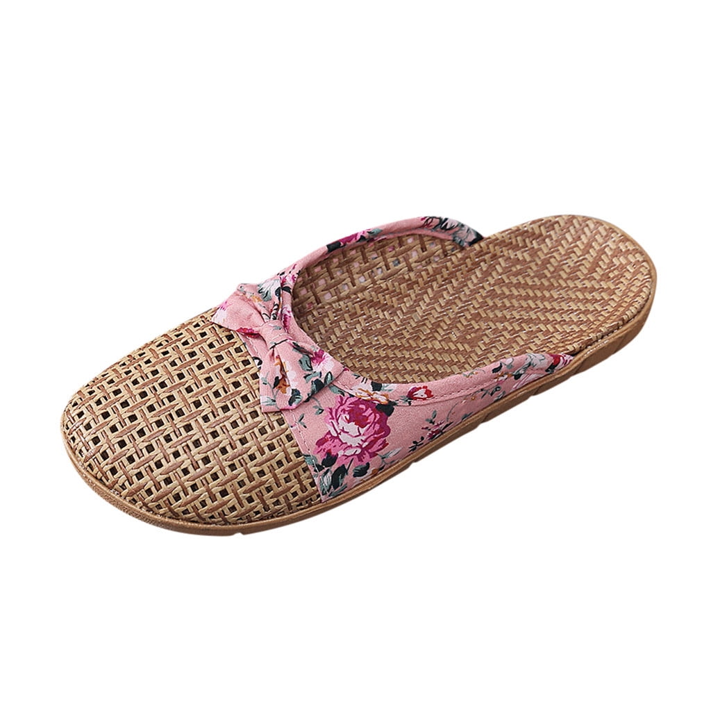 JeashCHAT Womens Rattan Woven Slippers Closed Toe Bow Straw House ...