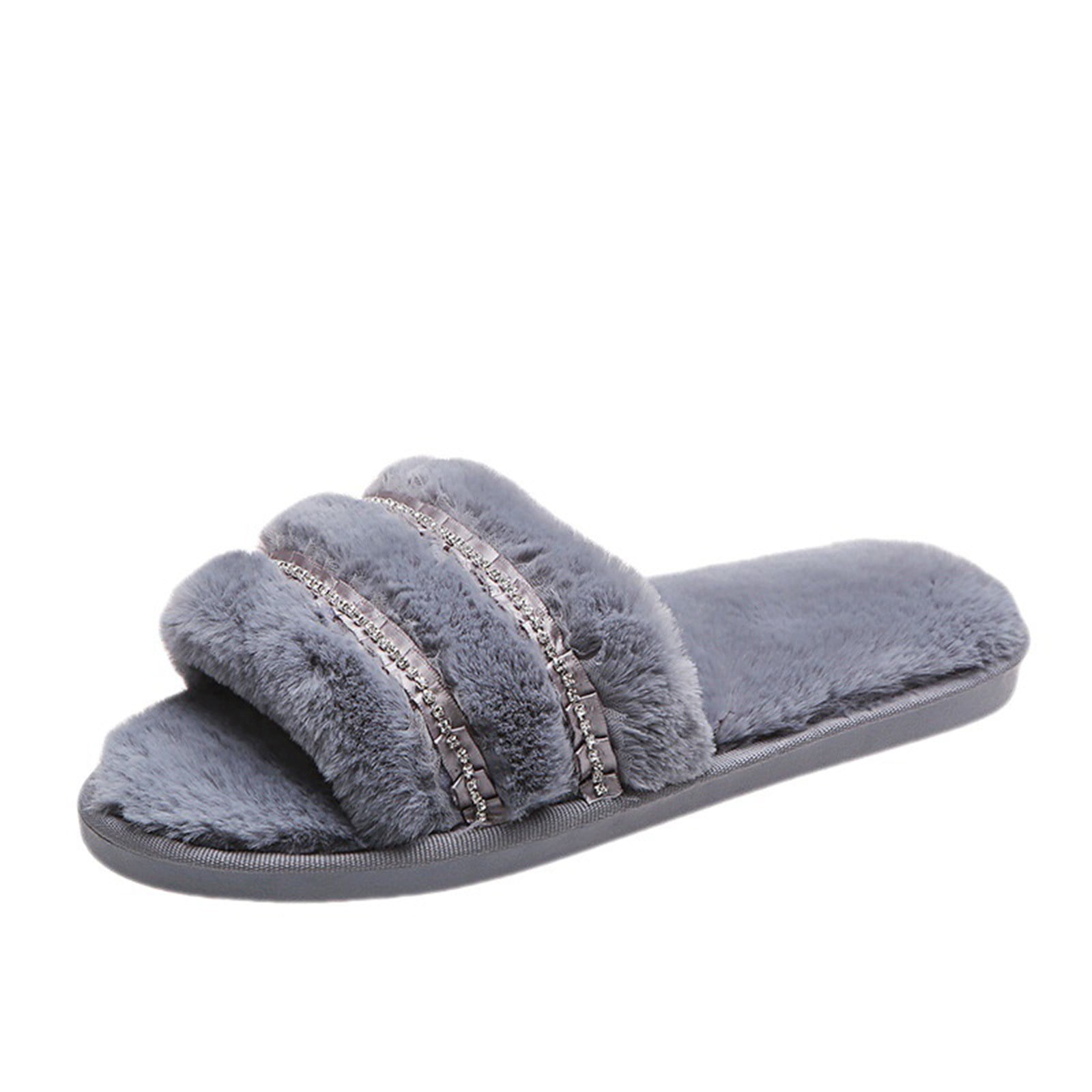 JeashCHAT Womens Slippers Fuzzy Rhinestone One Band Memory Foam ...