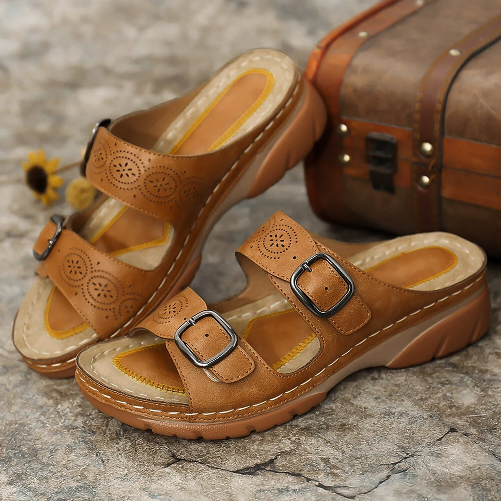 JeashCHAT Womens Wedge Slide Sandals with Arch Support 2 Strap Double ...