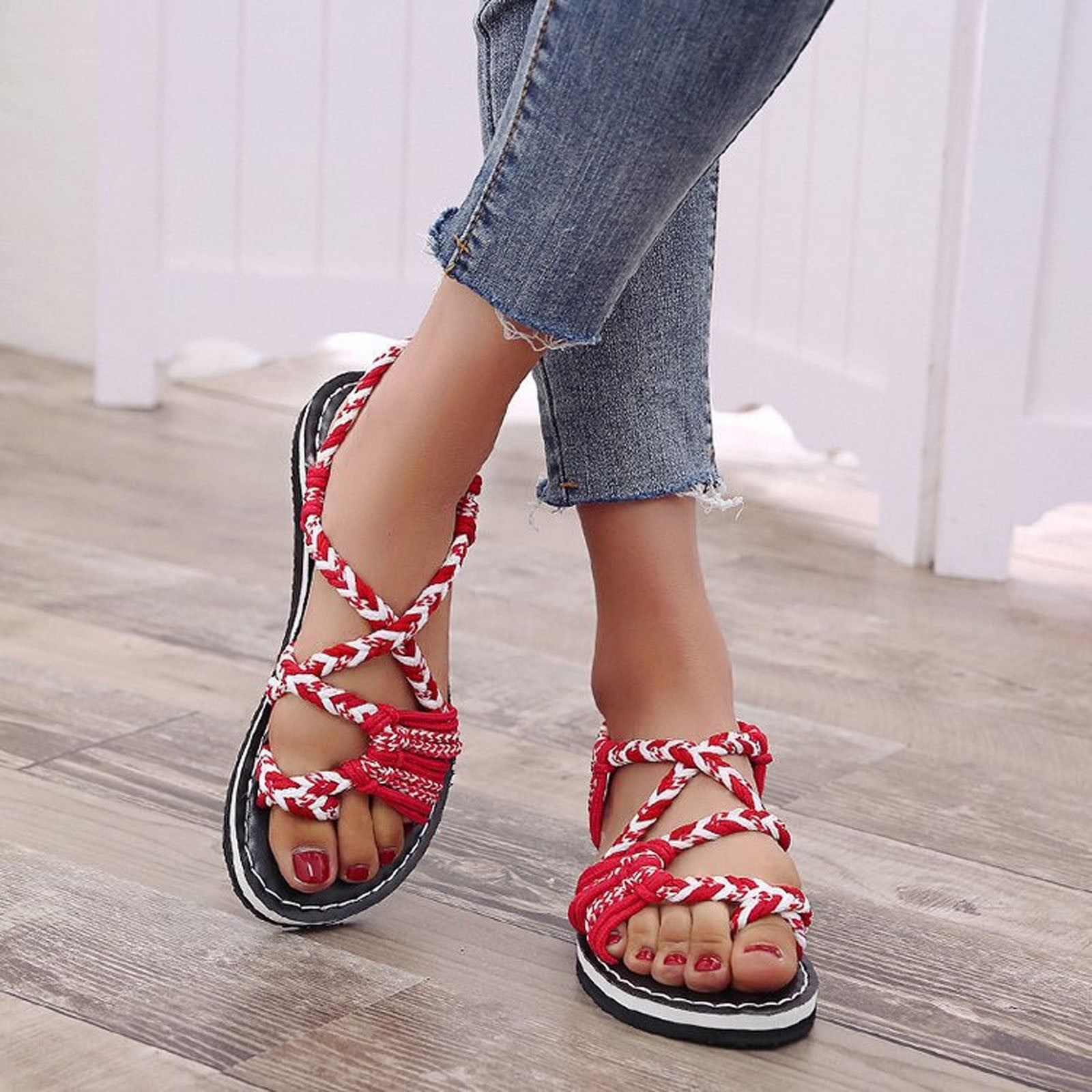 JeashCHAT Woven Womens Thong Sandals Strappy Gladiator Sandals Open Toe ...