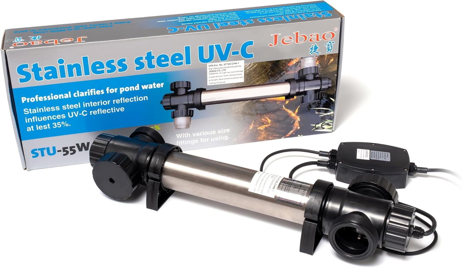 Jebao STU-55 Stainless Steel Pond and Aquarium Clarifier, 55-watt ...