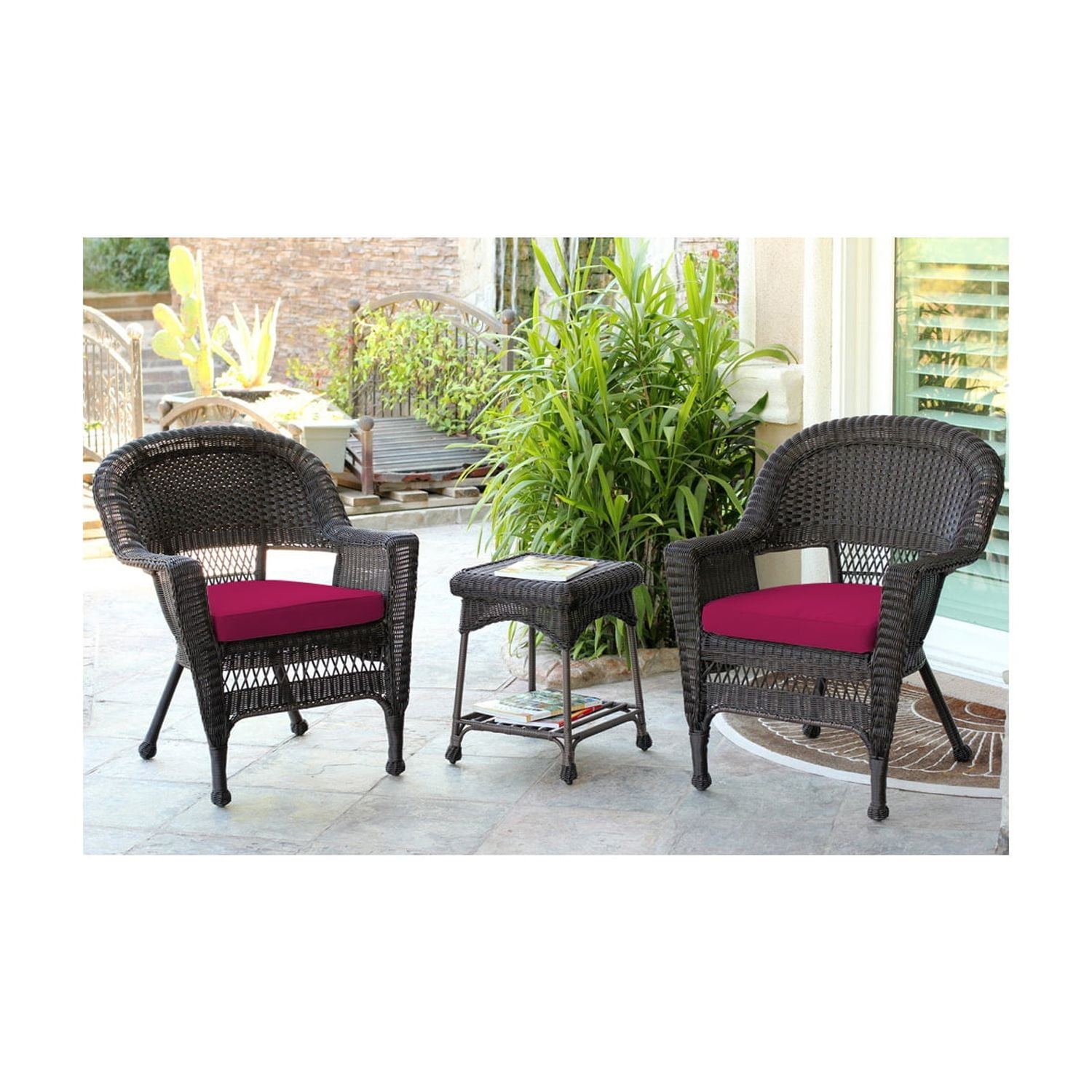 Jeco Espresso Wicker Chair And End Table Set With Red Chair Cushion ...