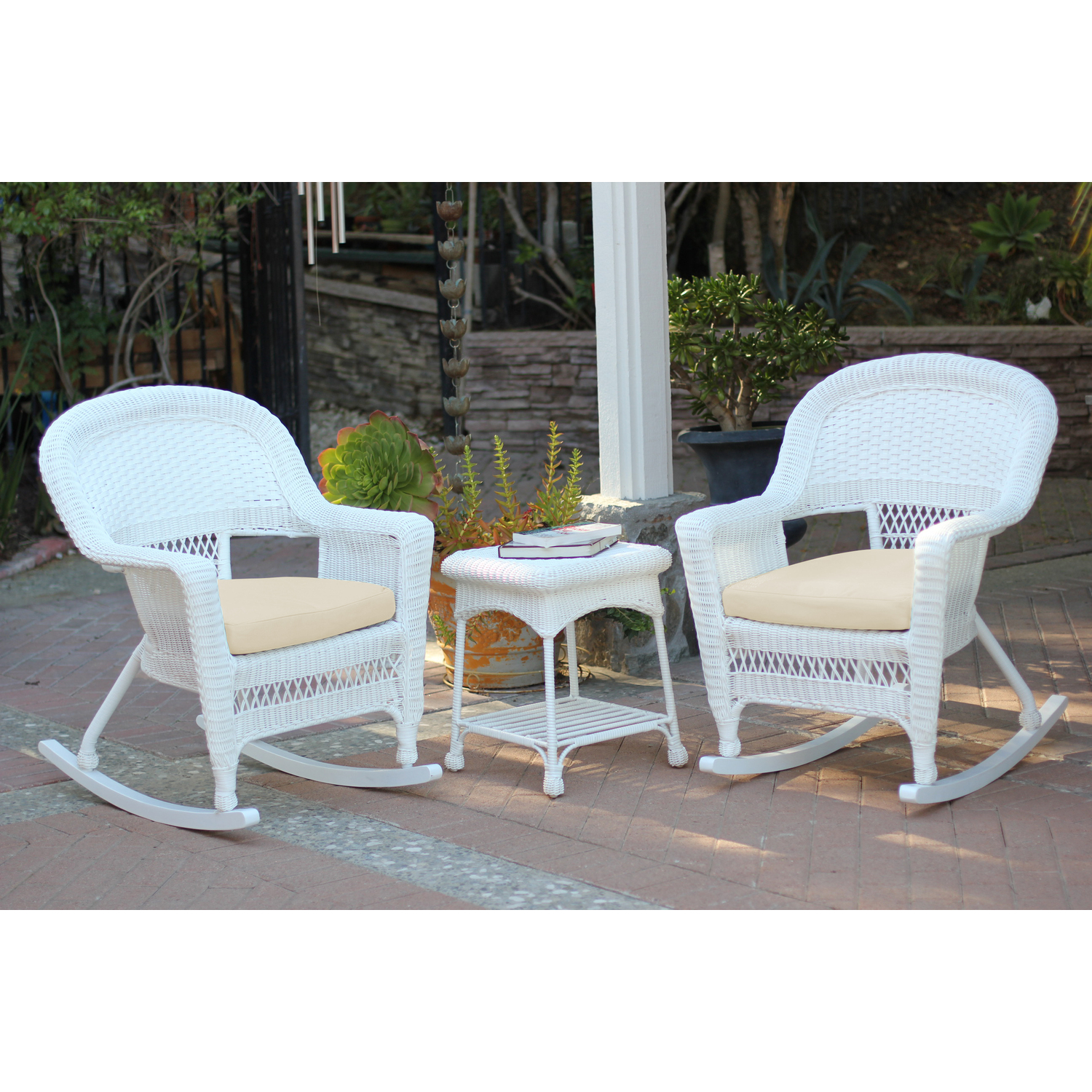 Jeco 3pc White Rocker Wicker Chair Set With Ivory Cushion - Walmart.com
