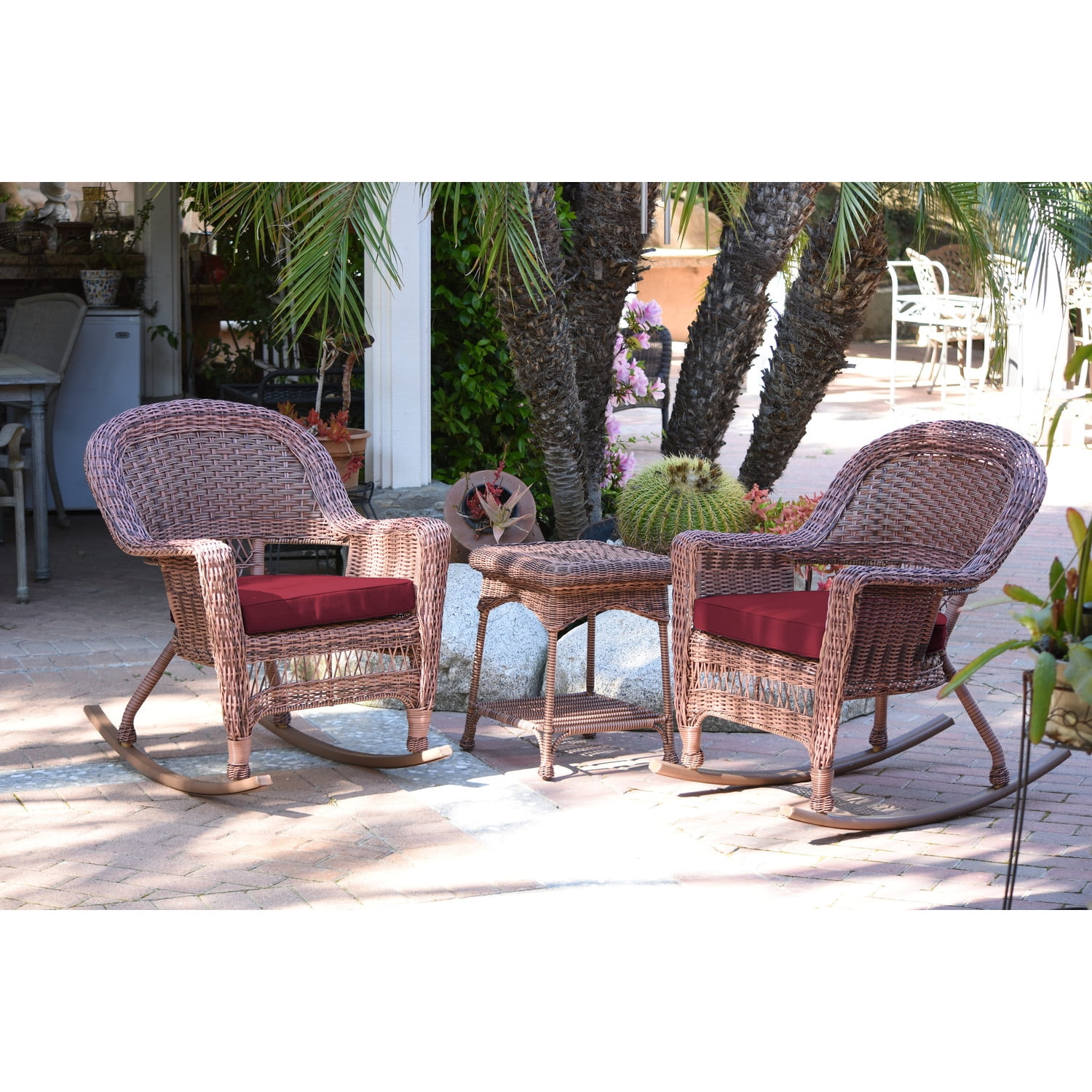 Jeco 3pc Honey Rocker Wicker Chair Set With Red Cushion - Walmart.com
